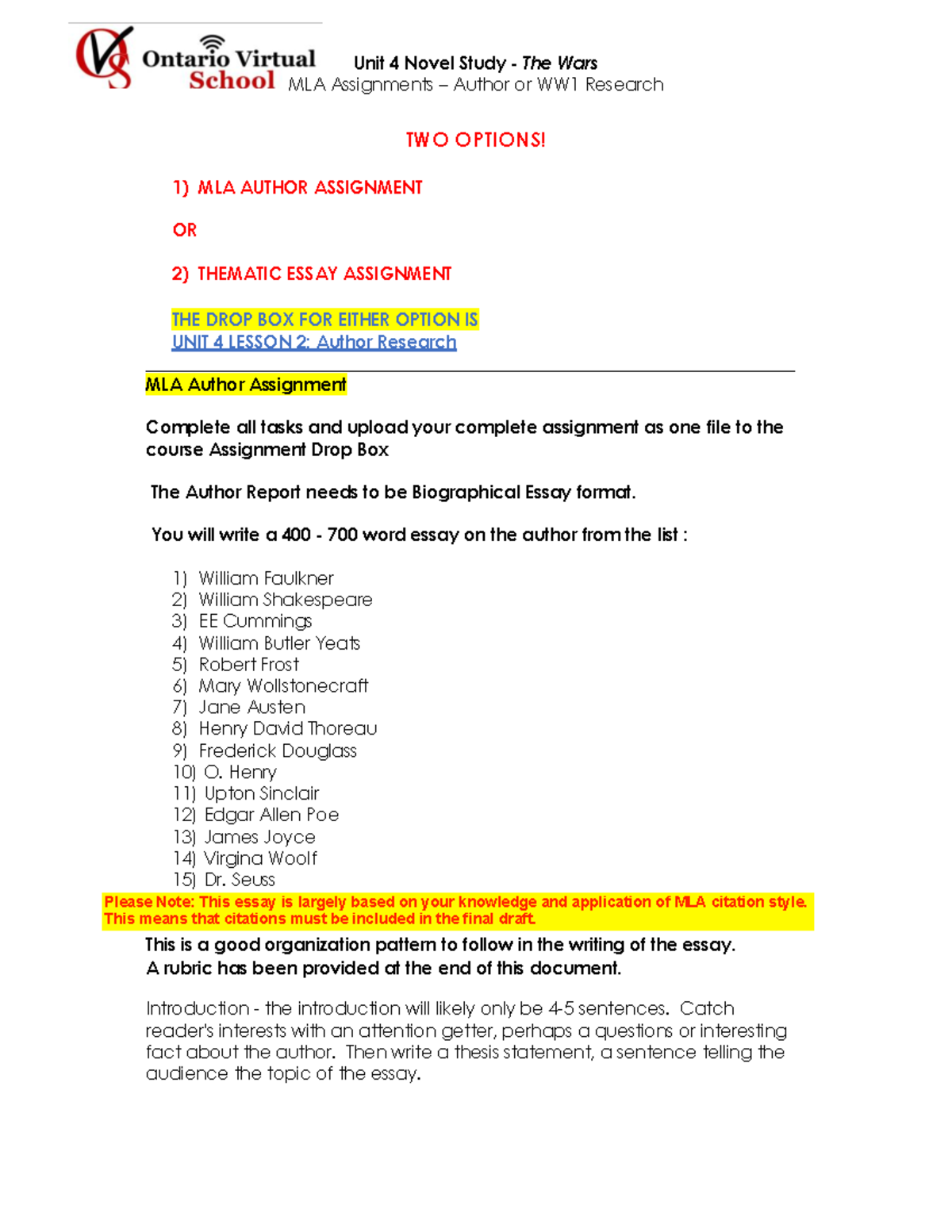 U4L2 MLA Research Assignment - Unit 4 Novel Study - The Wars MLA ...