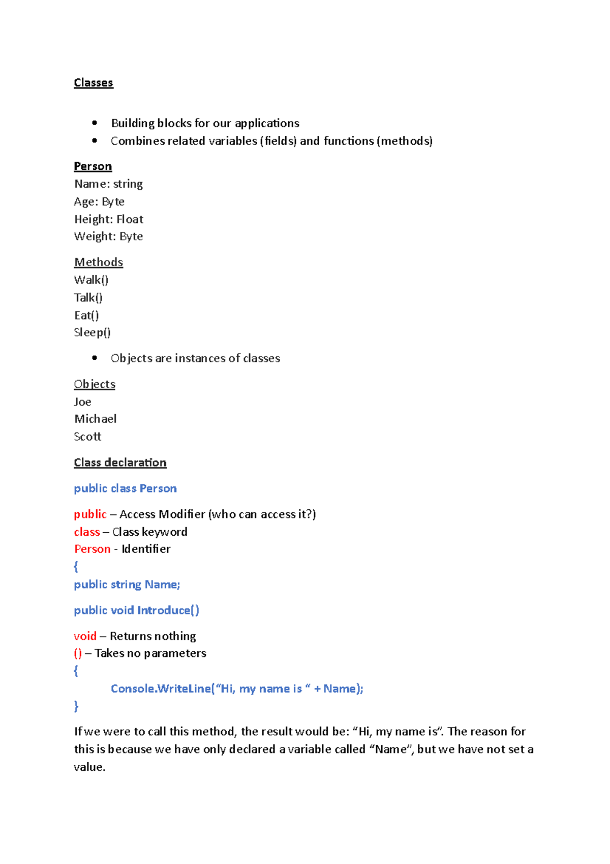 Classes - Lecture notes 1-3 - Classes Building blocks for our ...