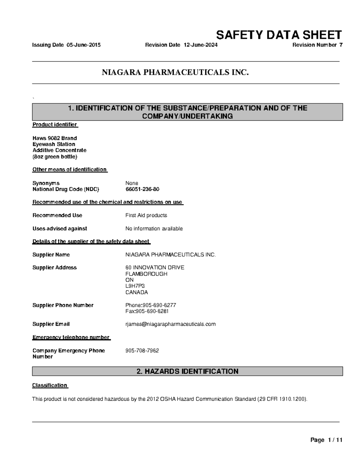 HAWS 9082 - Eyewash Additive - SAFETY DATA SHEET Issuing Date 05 - June ...