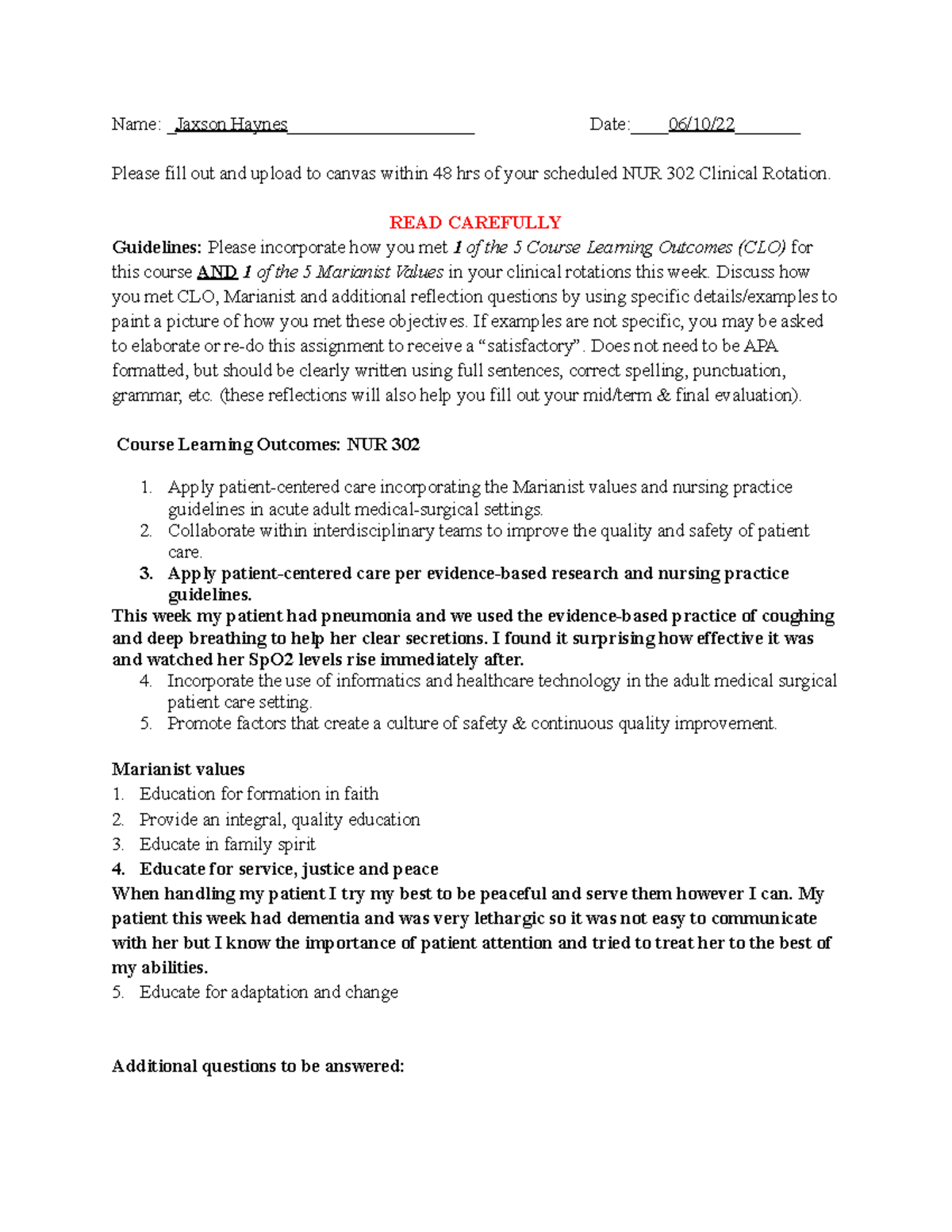 NUR 302 Clinical Rotation Reflection - Studocu