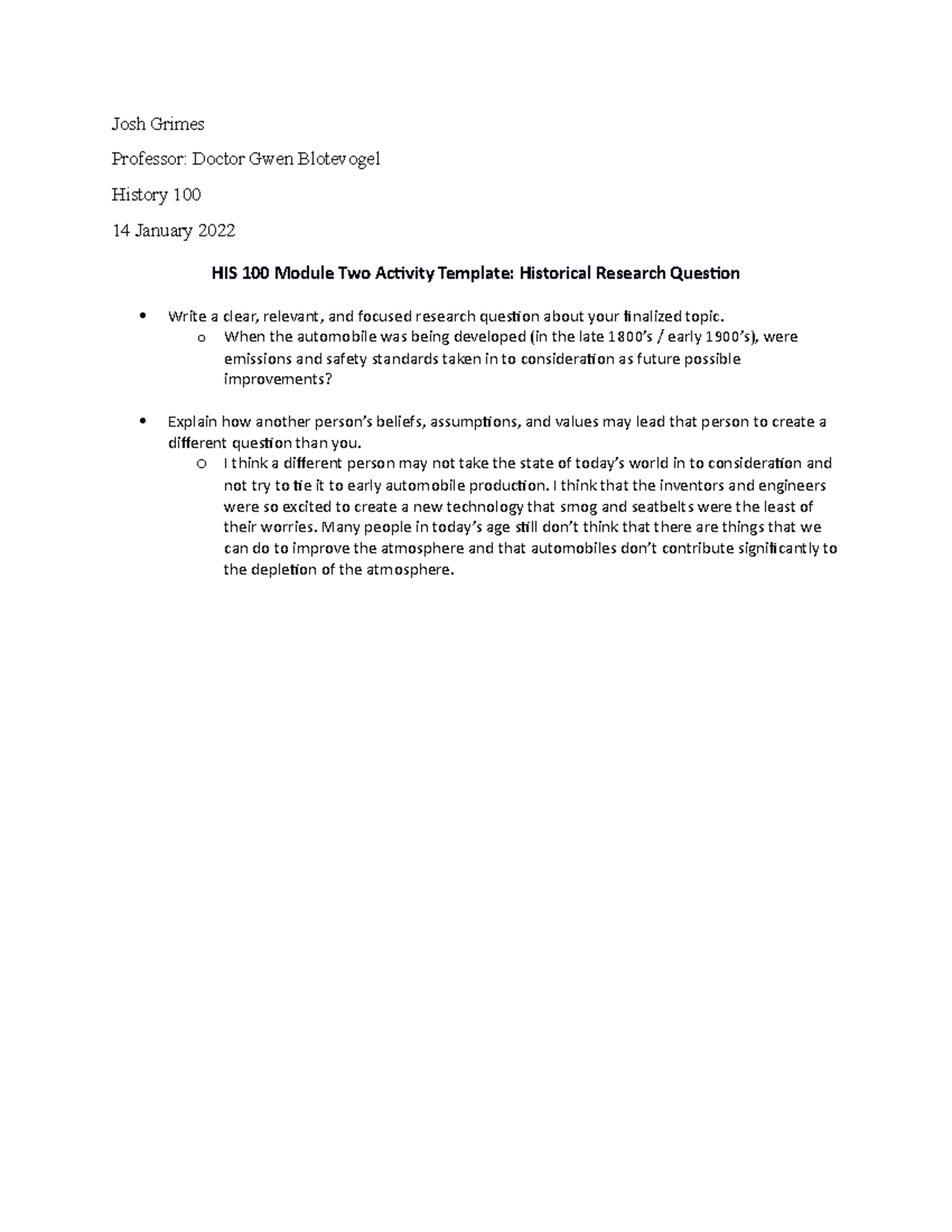 HIS 100 Module Two Activity Research Question Template - Josh Grimes ...