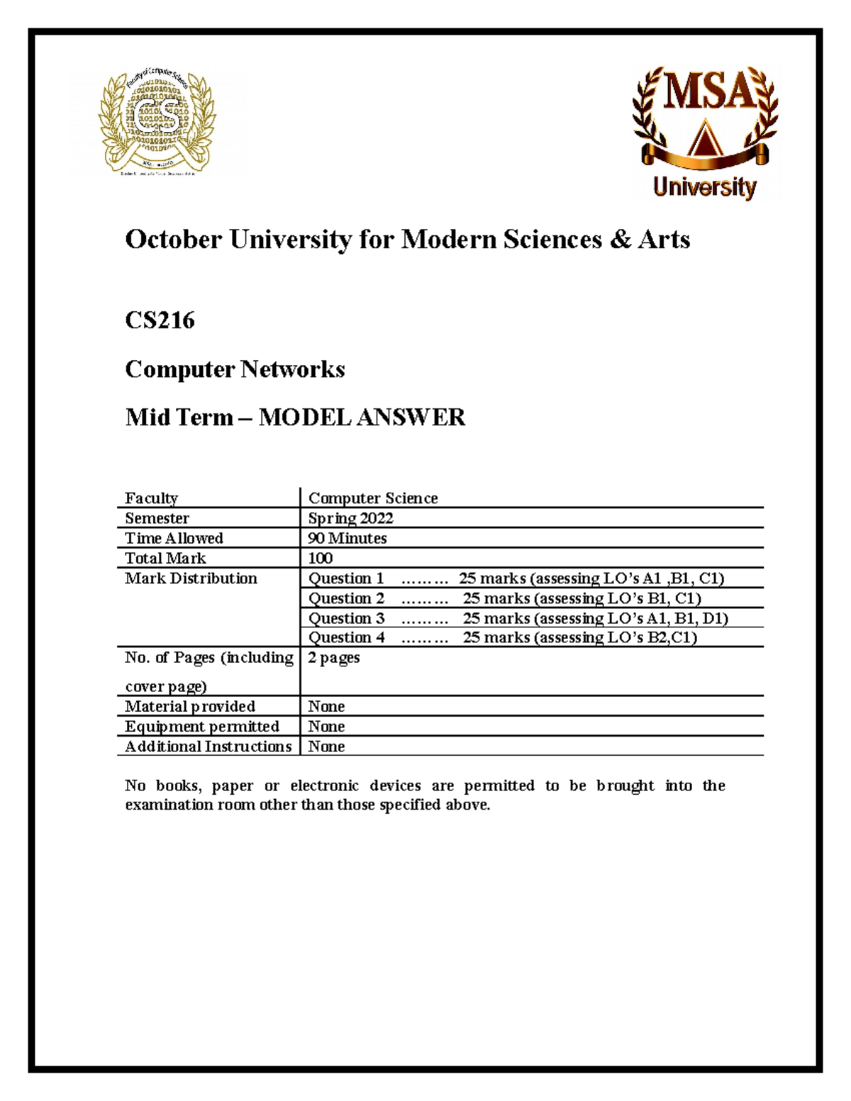 CS216 Model Answer Mid Term - October University for Modern Sciences ...