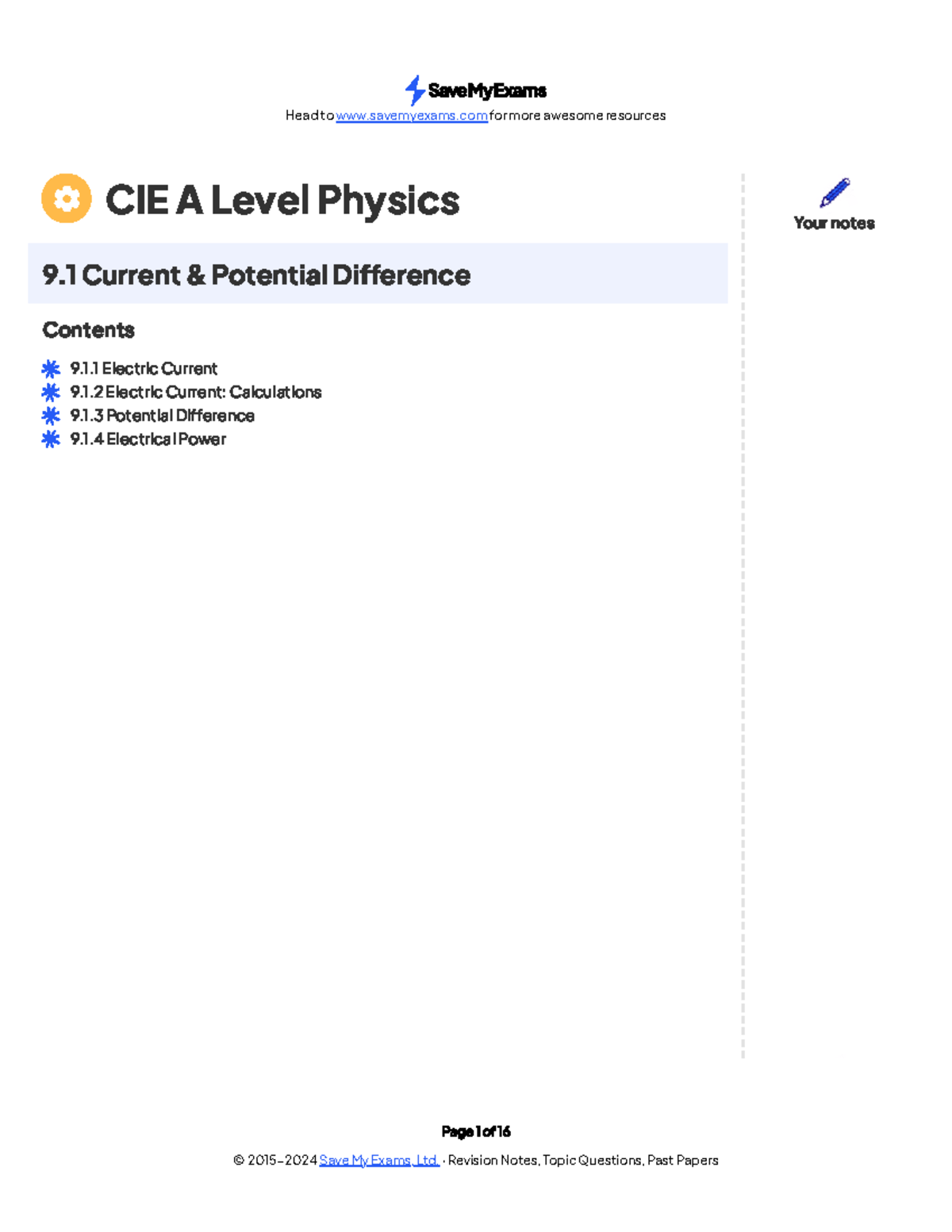 Electricity - notes which are helpful - Page 1 of 16 CIE A Level ...