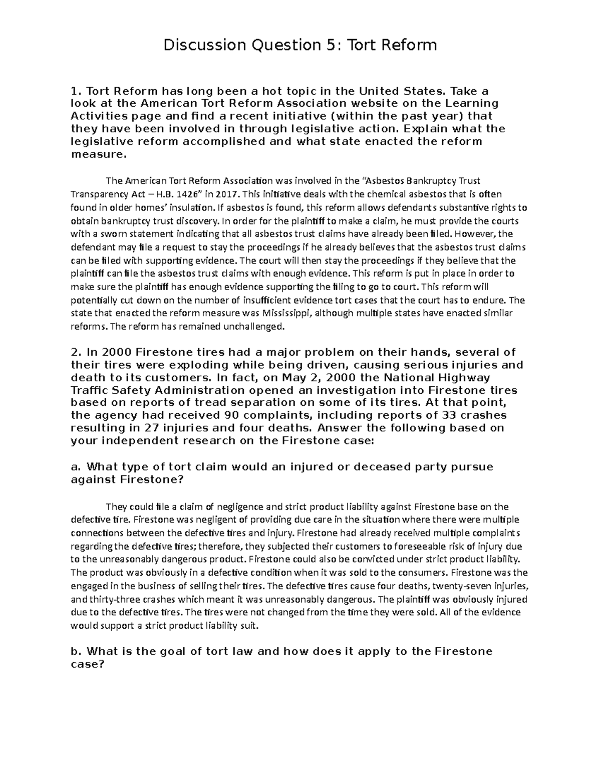 Discussion 5 Tort Law - Discussion Question 5: Tort Reform Tort Reform ...