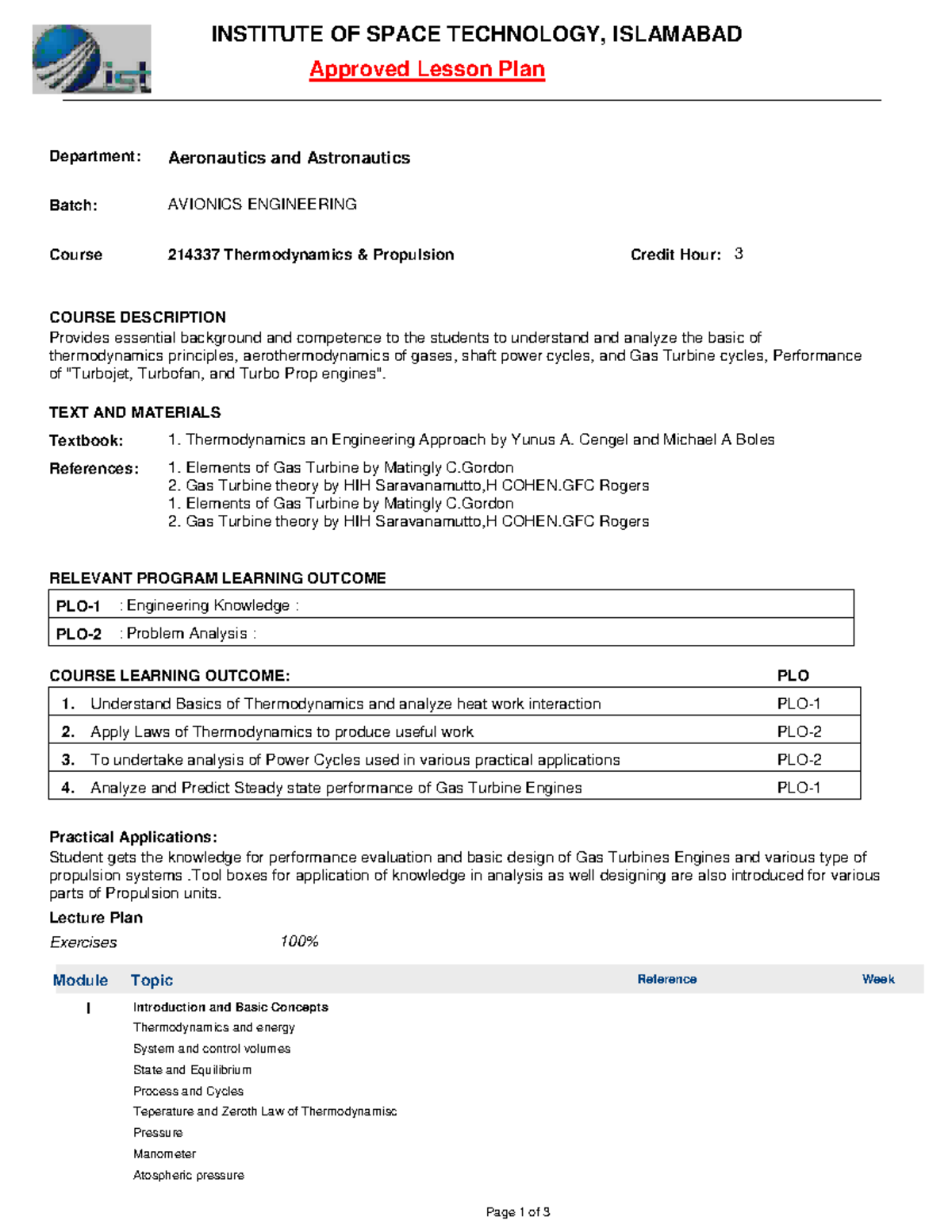 Thermodynamics & Propulsion- Course INFO - INSTITUTE OF SPACE ...