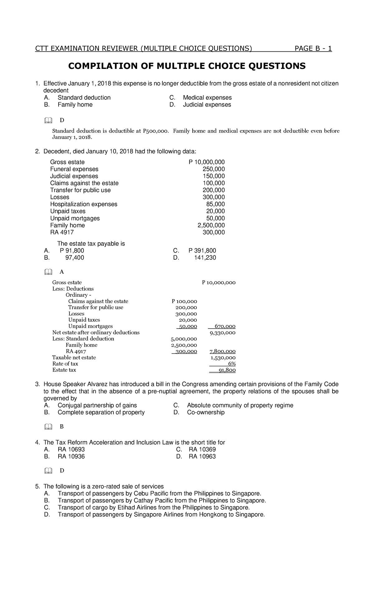 CTT First - Tax materials - COMPILATION OF MULTIPLE CHOICE QUESTIONS 1 ...