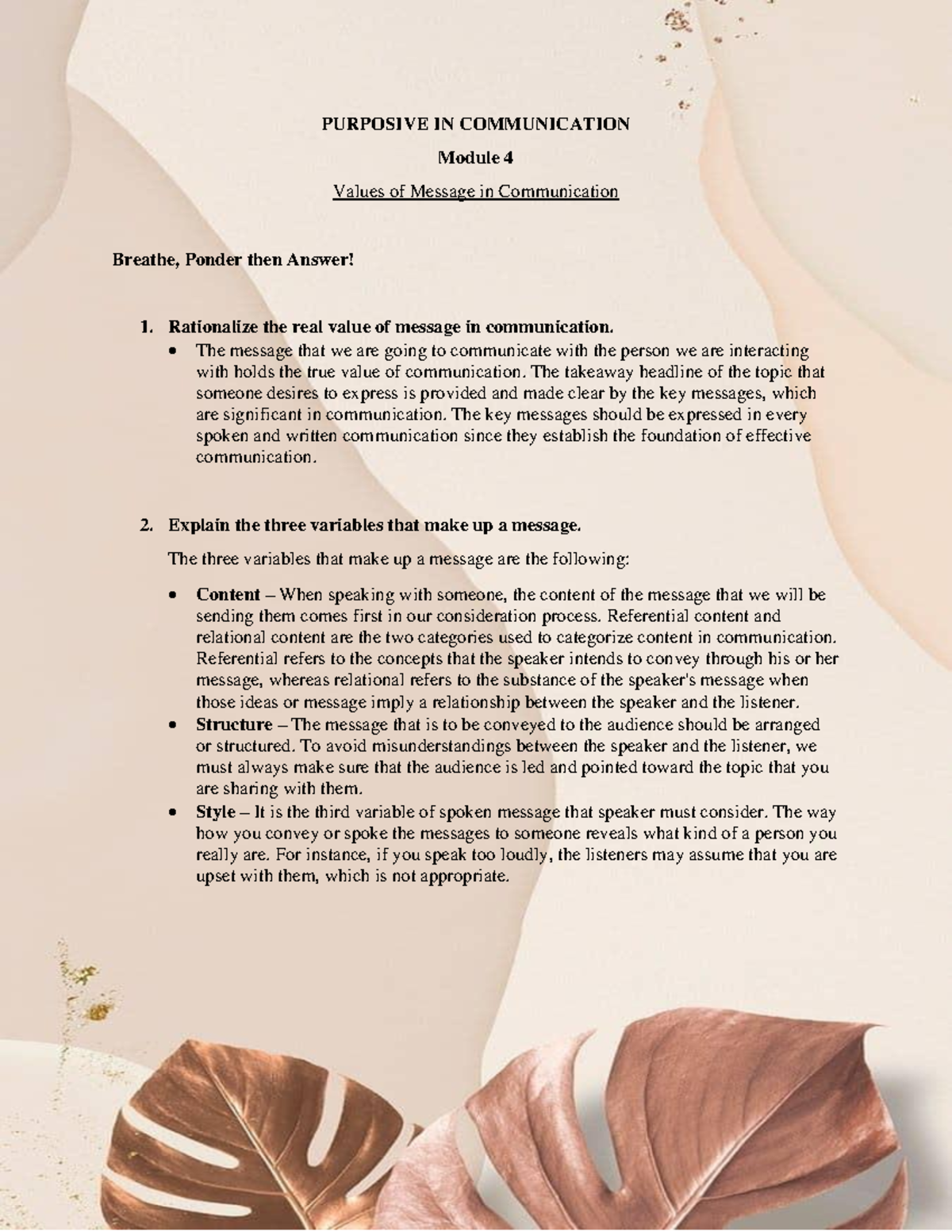 Purposive Communication Values Of Message In Communication