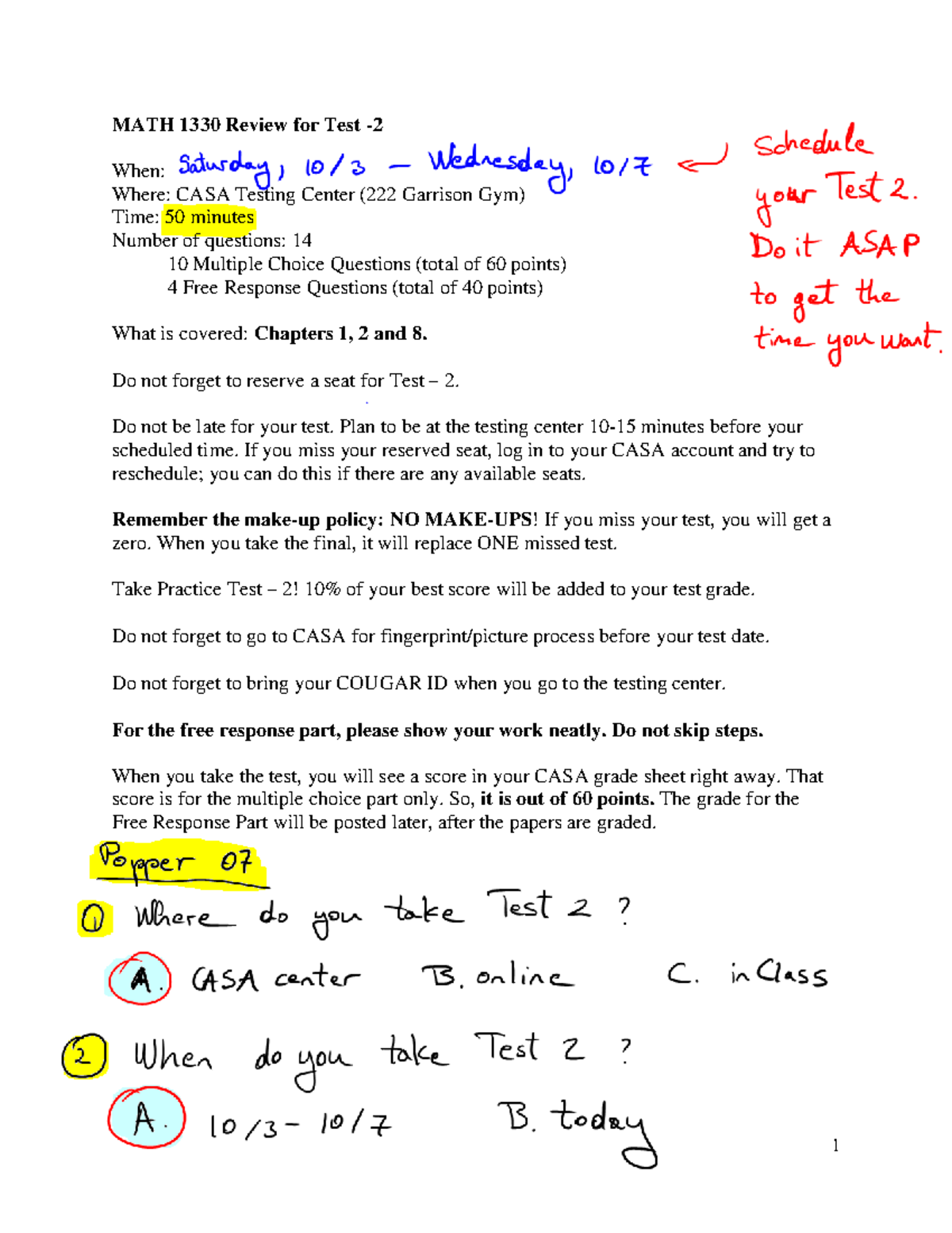 Test2review - Practice - MATH 1330 Review for Test - When: Where: CASA ...