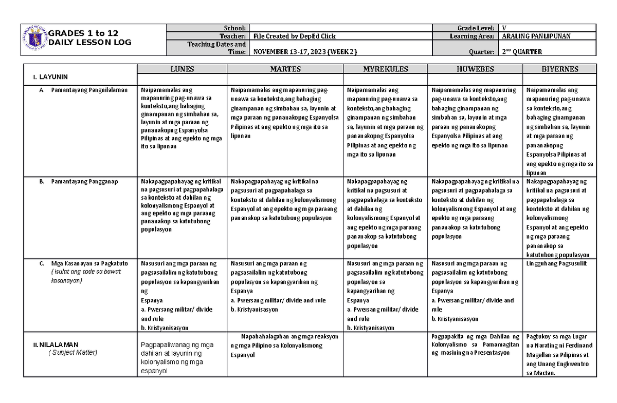 DLL Araling Panlipunan 5 Q2 W2 - GRADES 1 to 12 DAILY LESSON LOG School: Grade Level: V Teacher ...
