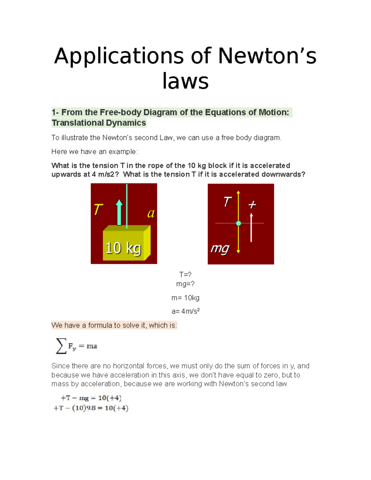 Applications of Newton - Applications of Newton’s laws 1- From the Free ...