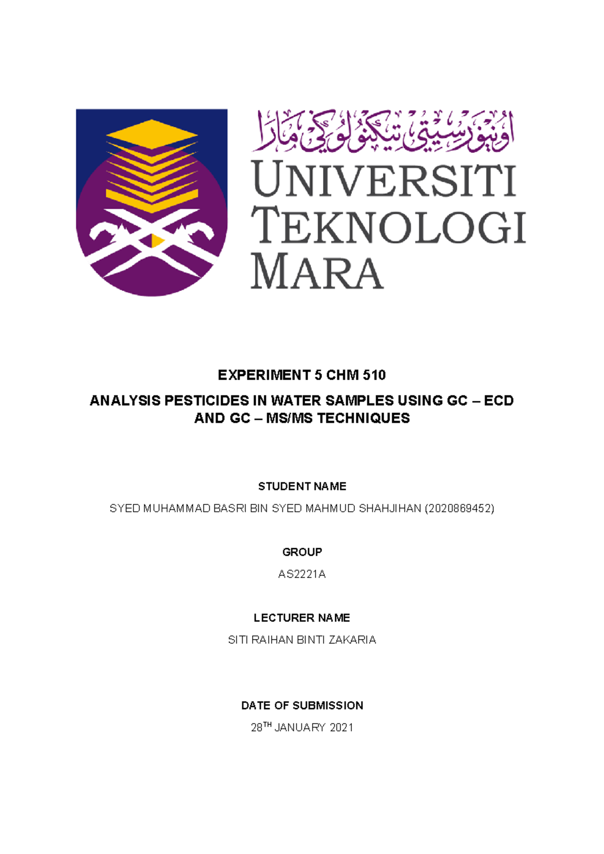 Experiment 5 CHM 510 - EXPERIMENT 5 CHM 510 ANALYSIS PESTICIDES IN ...
