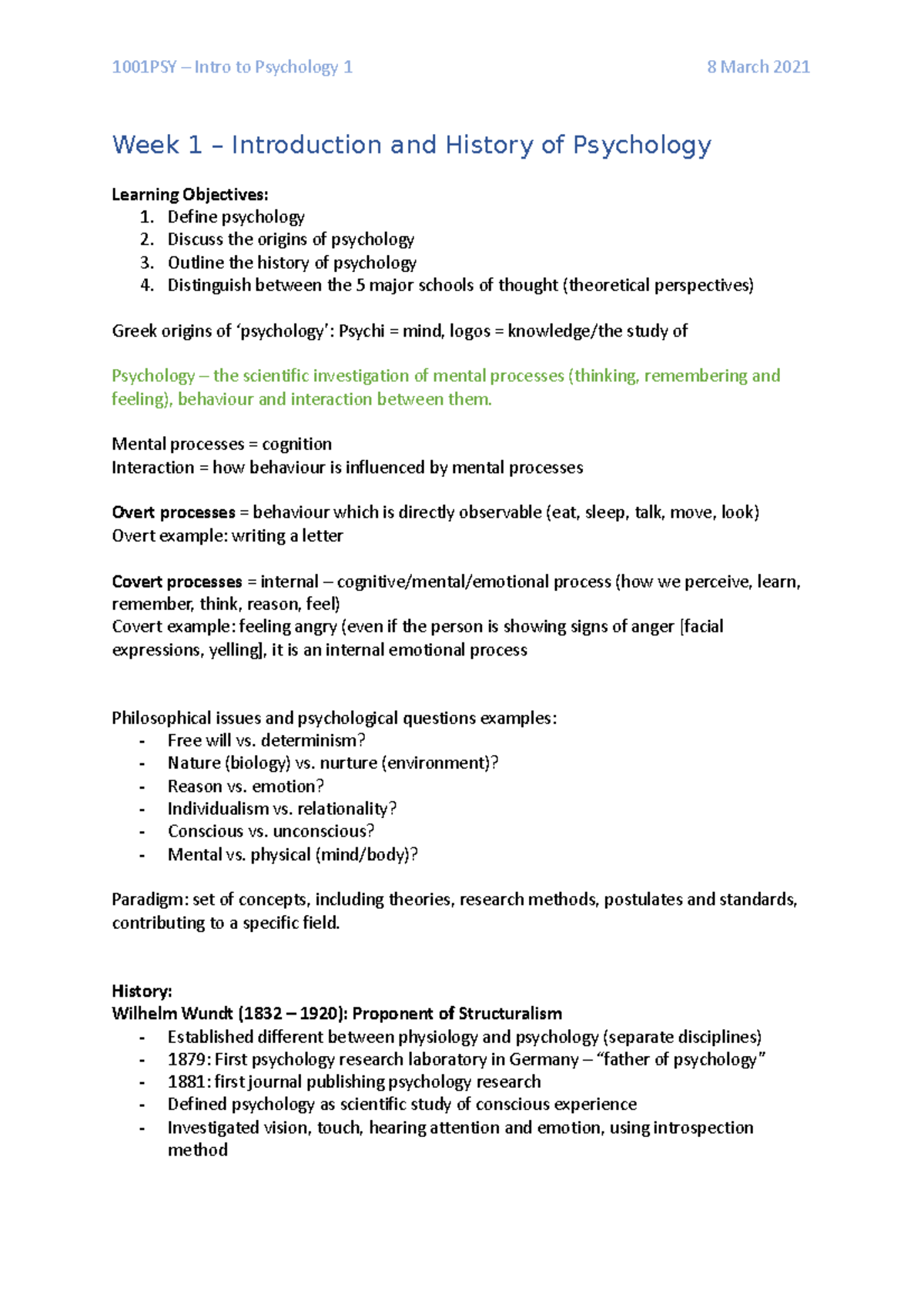 1001PSY Module 1 Notes - Week 1 – Introduction and History of ...