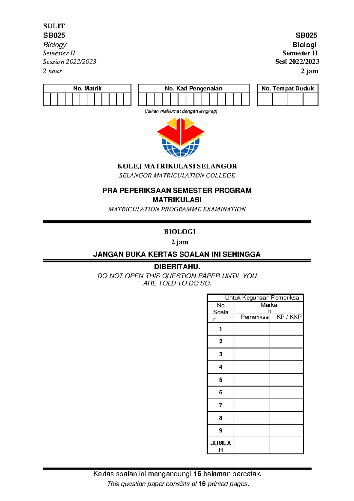 Pre sb025 kms - past year paper - SULIT SB025 SB Biology Biologi ...