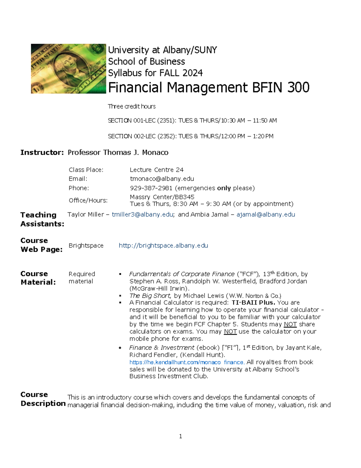 BFIN 300 Fall 2024 - Monaco Syllabus - University at Albany/SUNY School ...