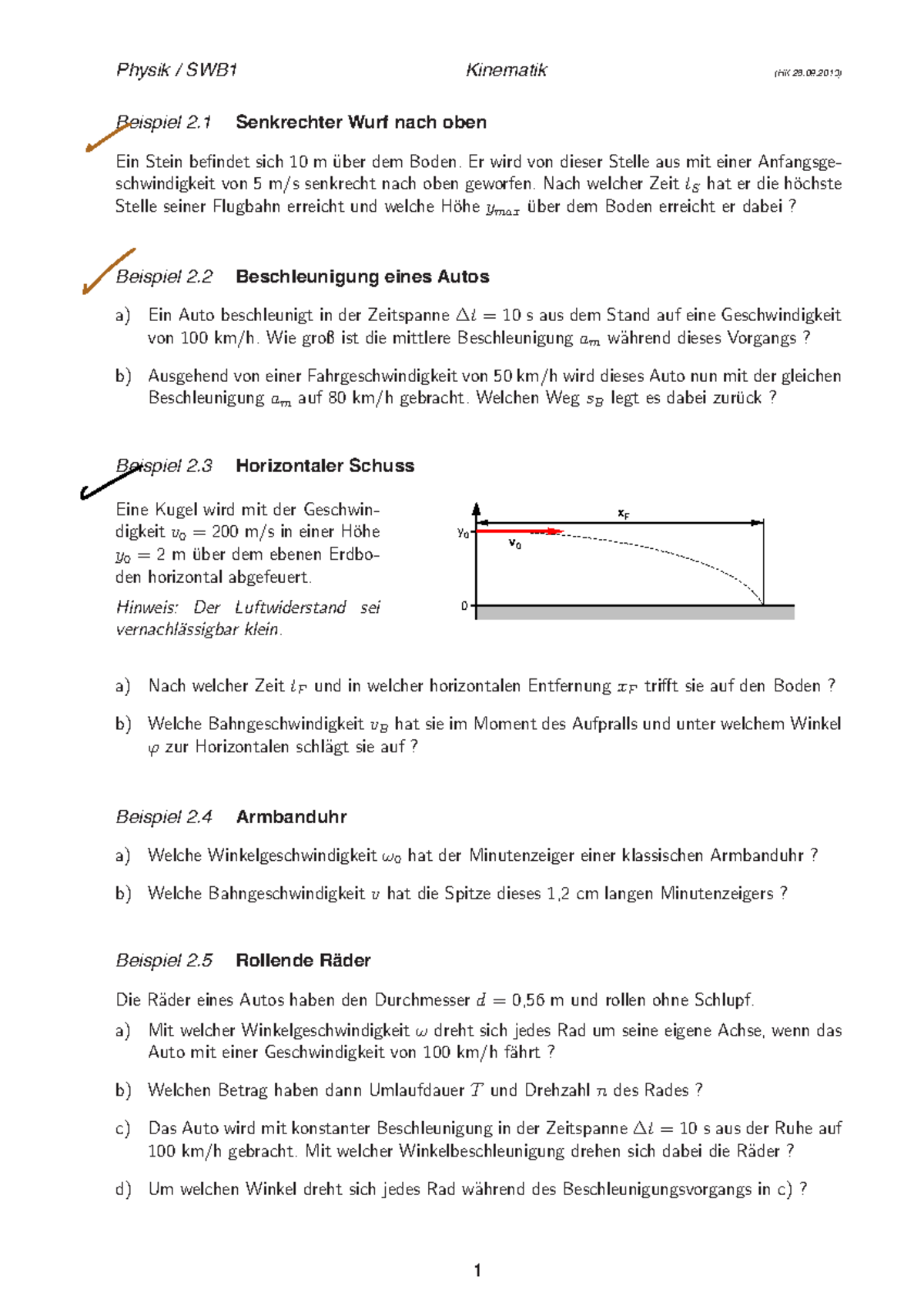 Z B Ph1 SWB1 02 Mechanik - Physik / SWB1 Kinematik (HK 28.09) Beispiel 2 Senkrechter Wurf nach ...