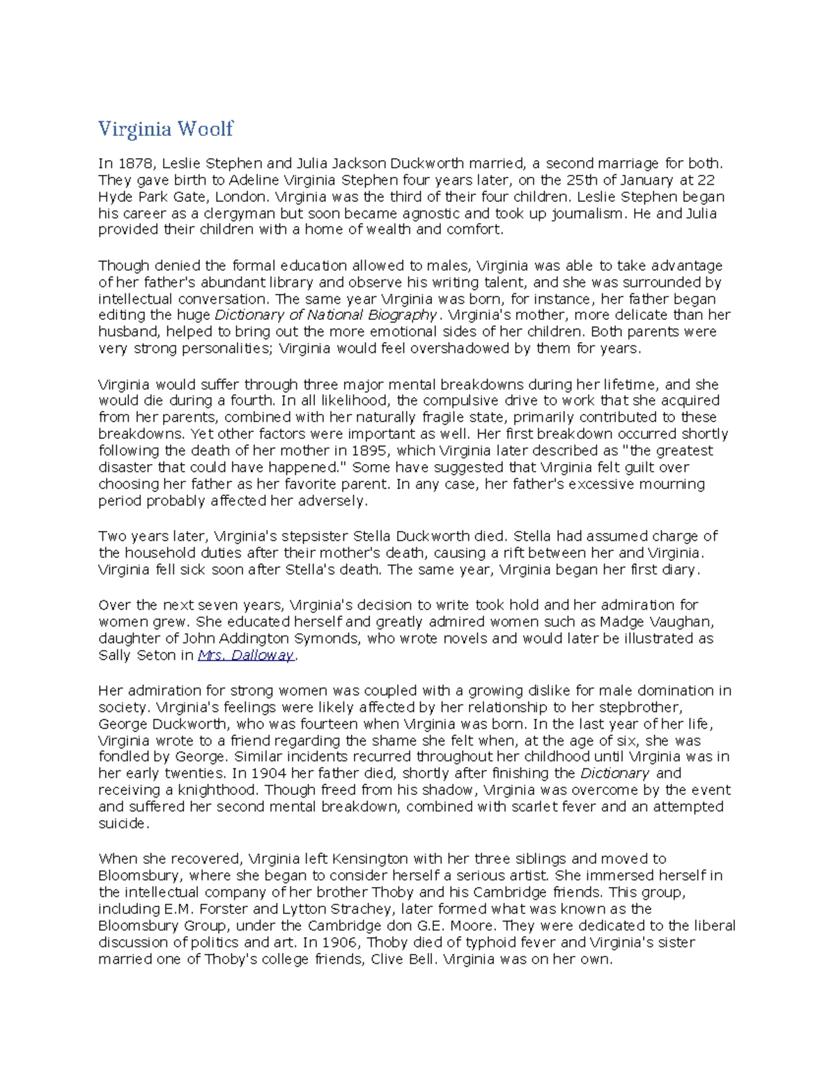 English Lit. II Virginia Woolf - Virginia Woolf In 1878, Leslie Stephen ...