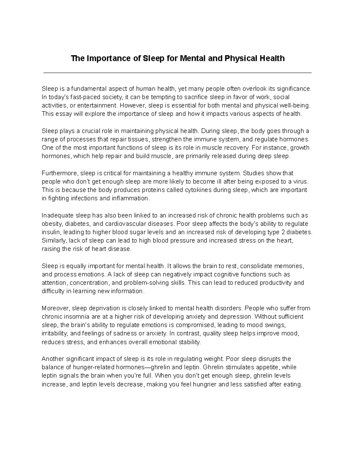 The Importance of Sleep for Mental and Physical Health - In today’s ...