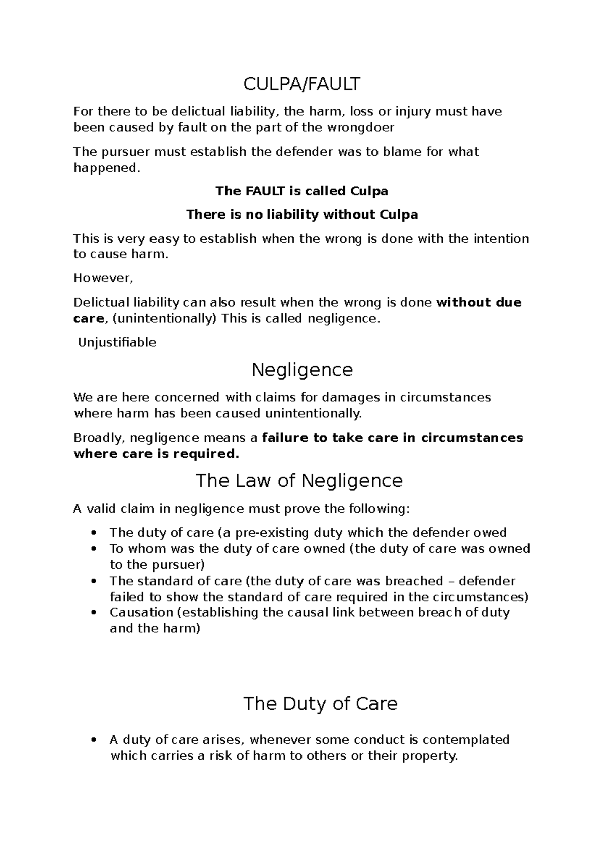 Scots Private Law - CULPA/FAULT For there to be delictual liability ...