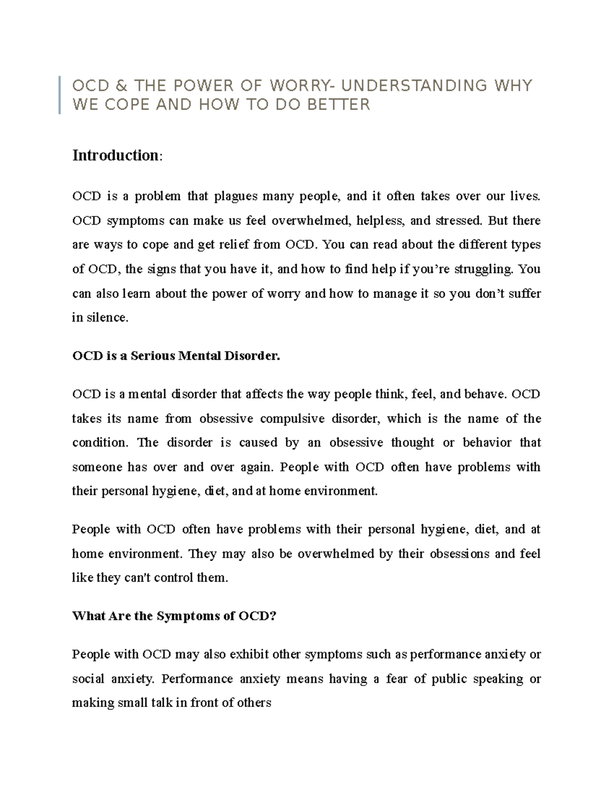 OCD AND THE Power OF Worry- Understanding WHY WE COPE AND HOW TO DO ...