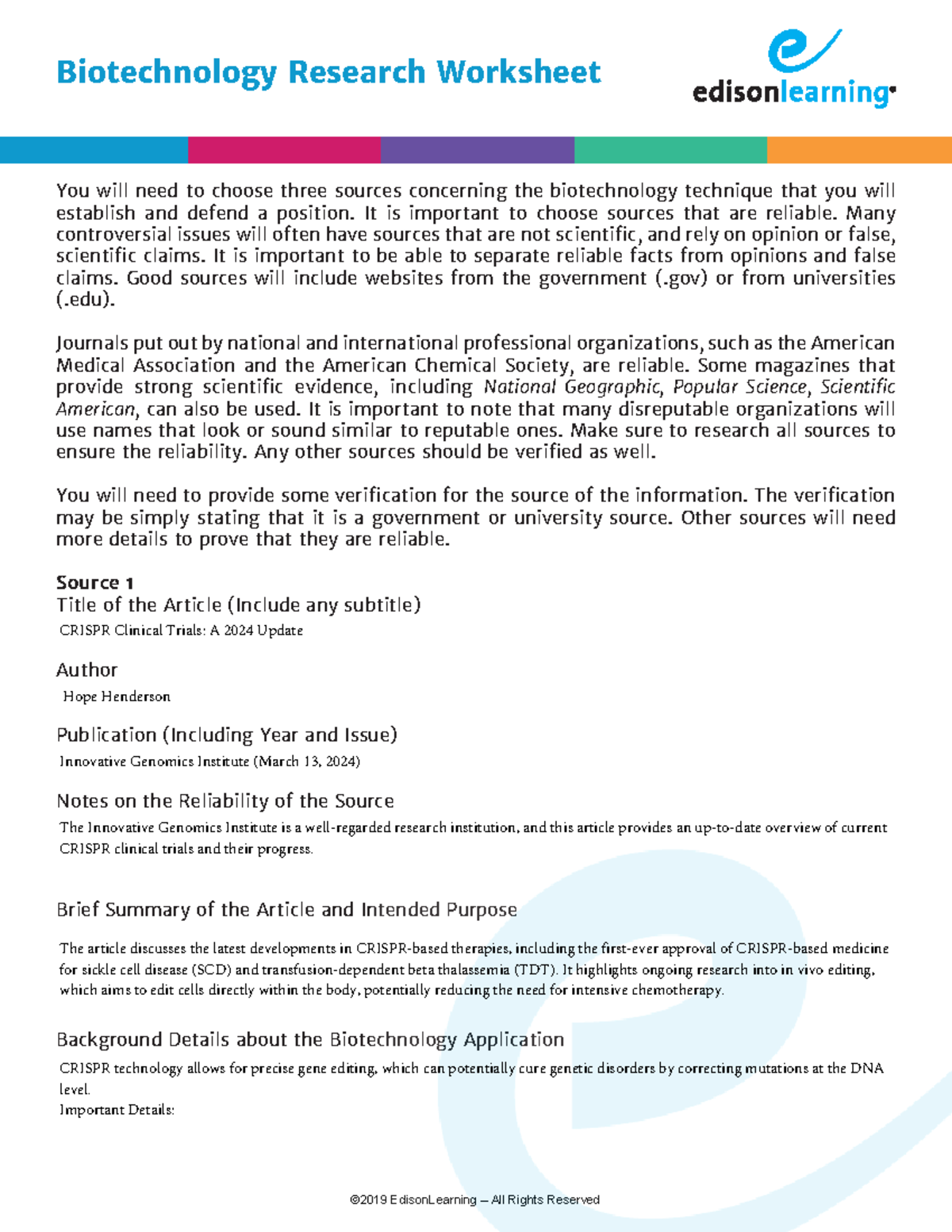 Biotechnology Research Worksheet - It is important to choose sources ...