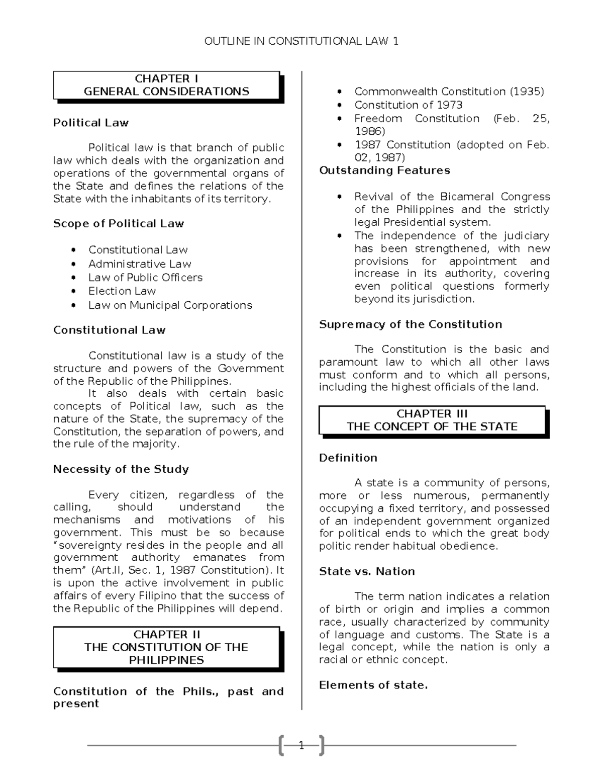 101506972 Outline in Constitutional Law 1 Cruz - CHAPTER I GENERAL ...