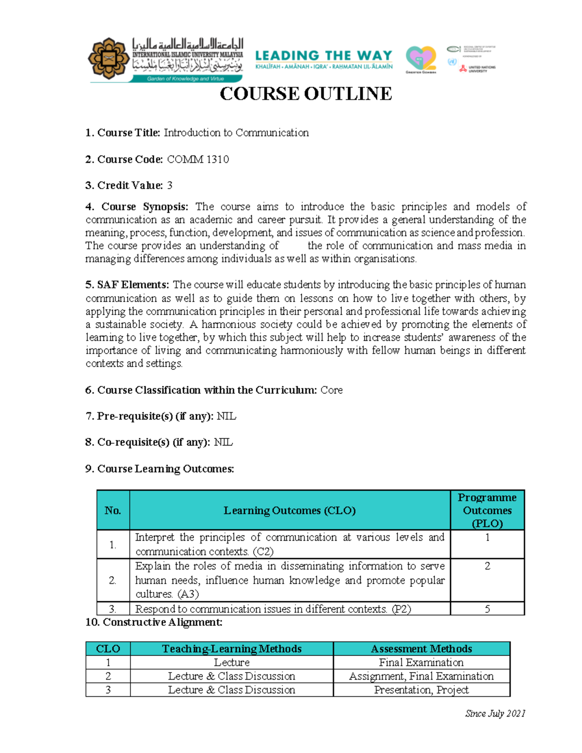 COMM 1310 Course Outline SEM 1 2023 24 - COURSE OUTLINE Course Title ...