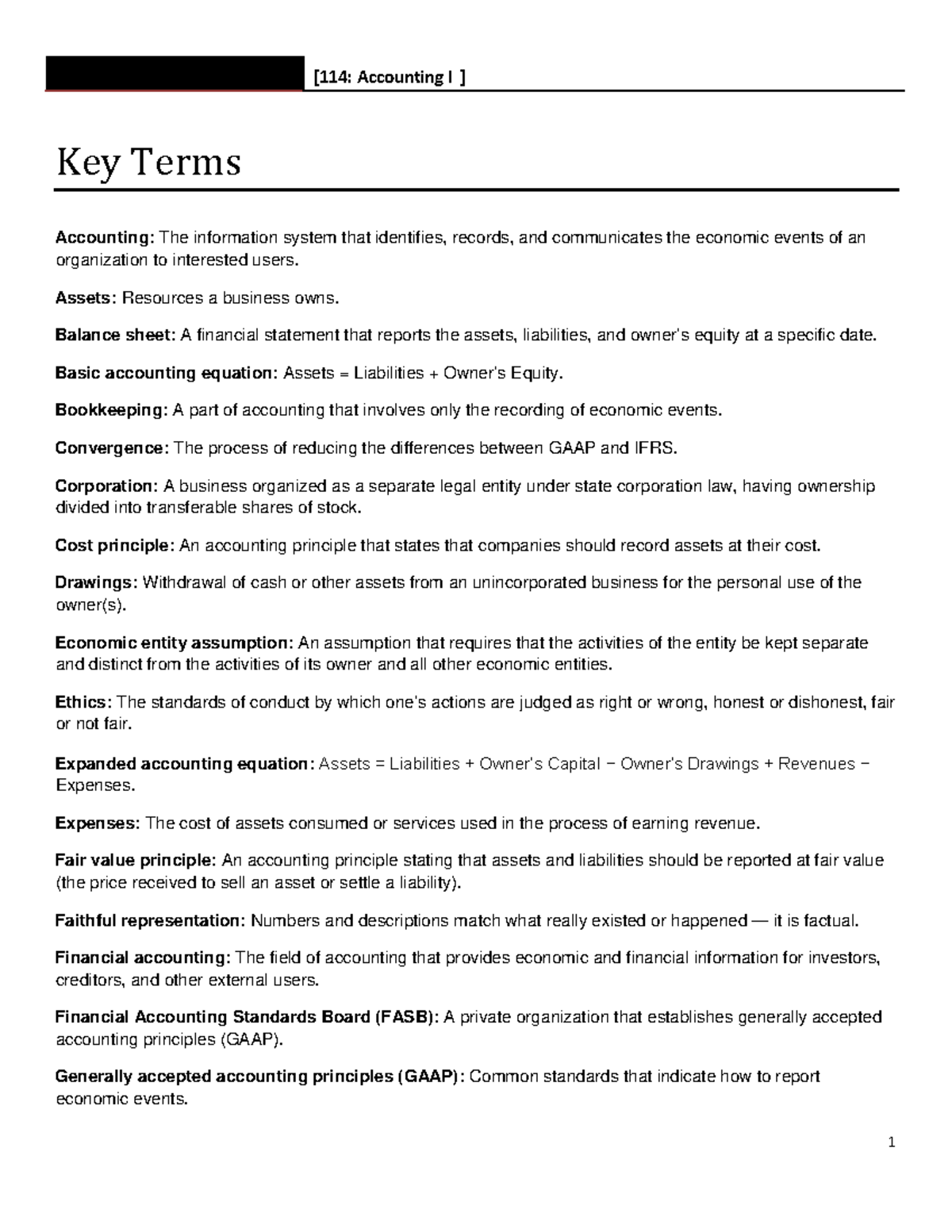 ACC114 Unit 2-3 key terms - Key Terms Accounting: The information ...