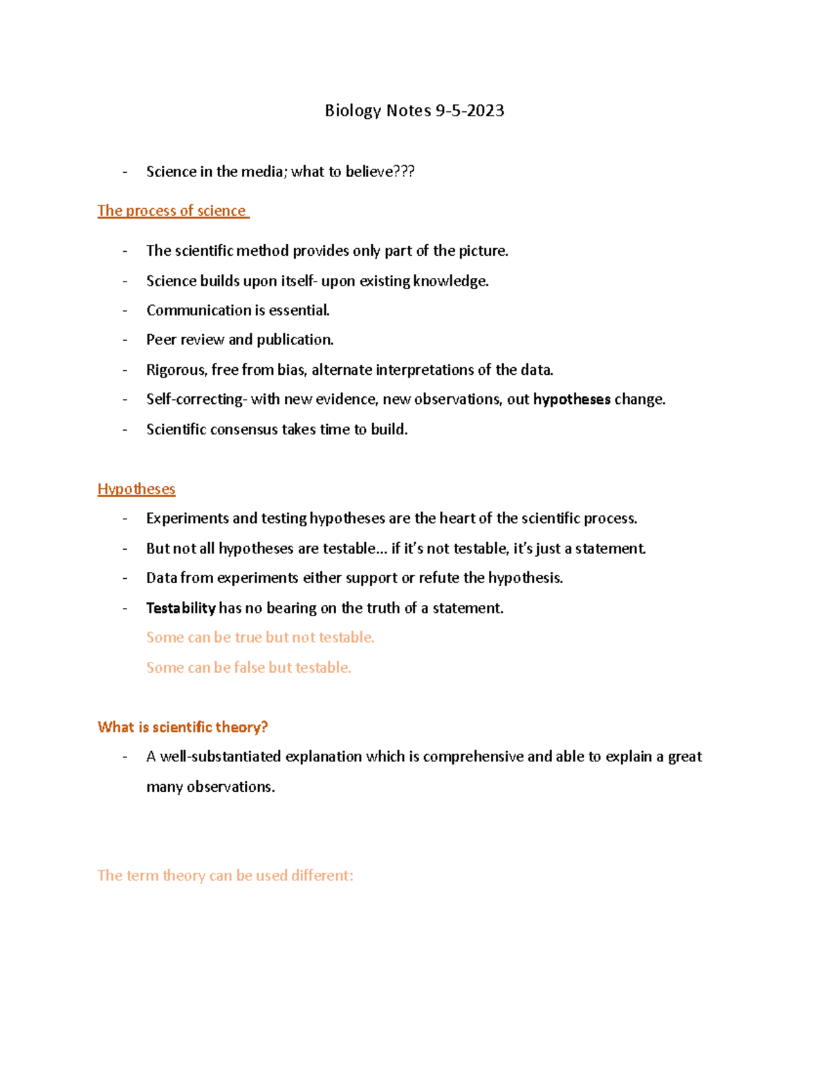 In class Biological Principle notes 9:5 - Biology Notes 9-5- Science in ...