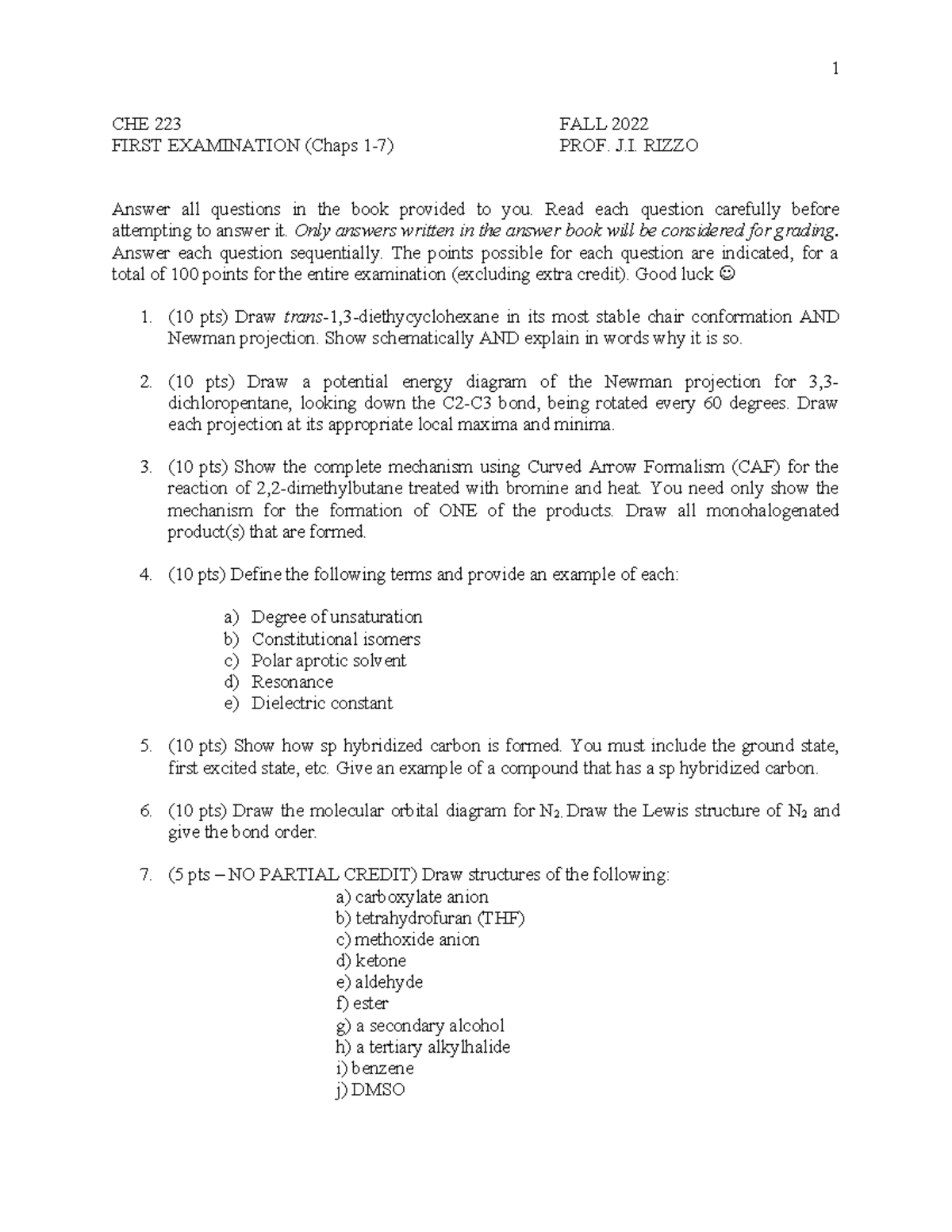 Exam 1 chaps 1-7 - practice exams - CHE 223 FALL 2022 FIRST EXAMINATION ...