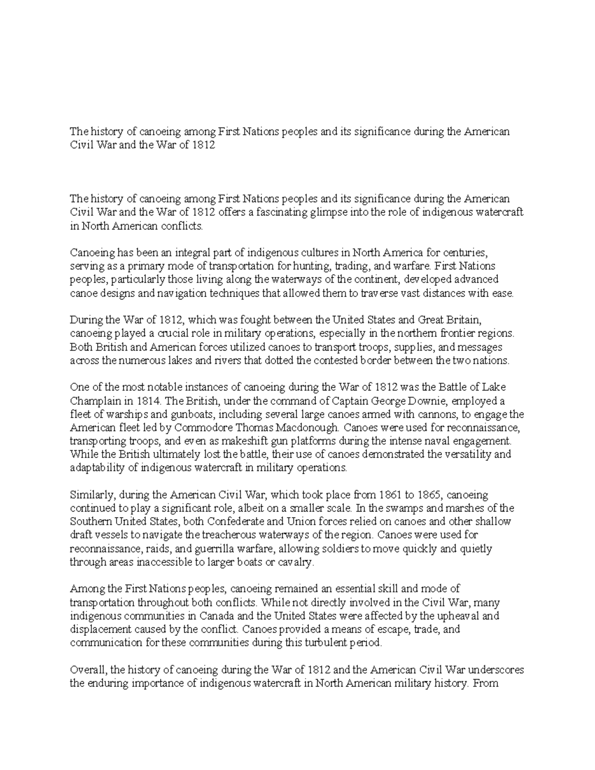 The history of canoeing among First Nations peoples and its ...