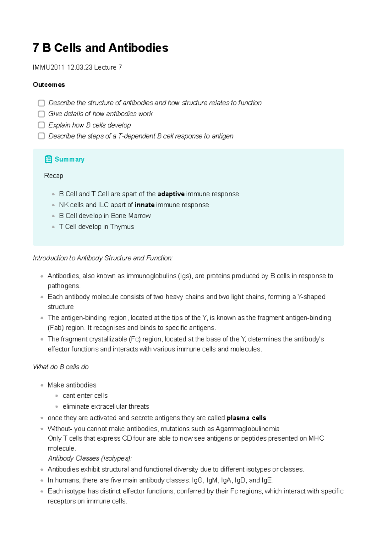 IMMU2011 Tuesday 12 March 2024 - 7 B Cells and Antibodies IMMU2011 12.03 Lecture 7 Outcomes ...