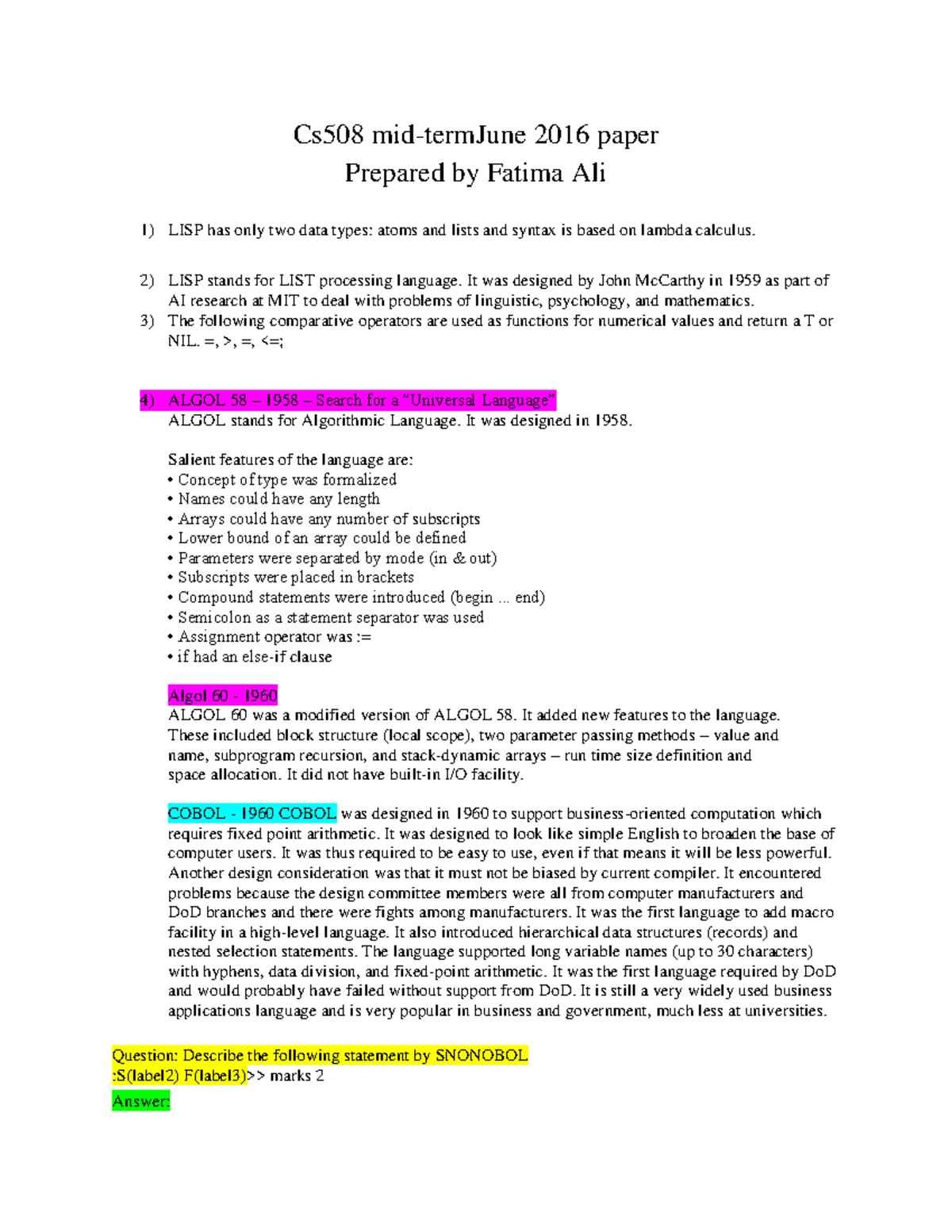 Cs508 Mid Term Solved By Fatima Ali Cs508 Mid Termjune 2016 Paper Prepared By Fatima Ali Lisp 3634
