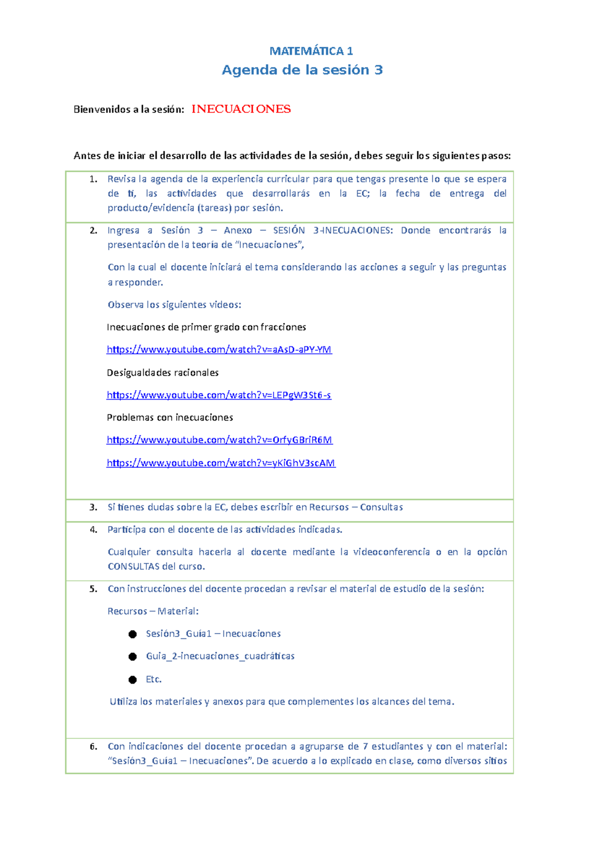 Agenda de la sesi ¦n 3 - MATEMÁTICA 1 Agenda de la sesión 3 Bienvenidos a la sesión ...