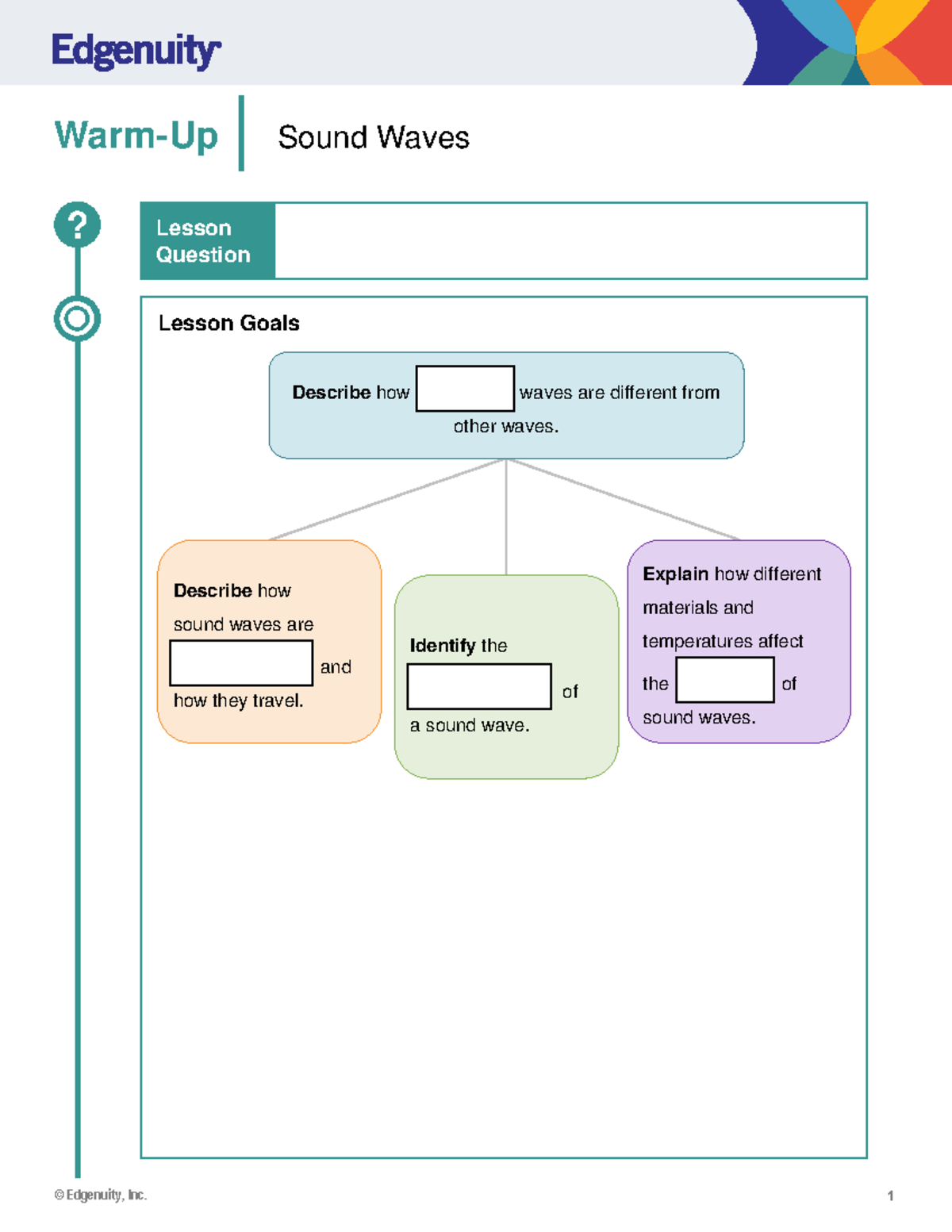 Souncd - sszvsv - Warm-Up Lesson Question Lesson Goals ? Sound Waves ...