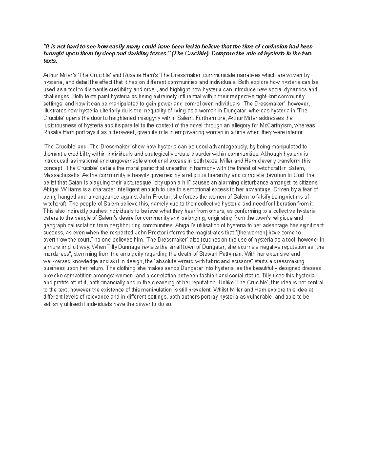 Exemplar Introduction and Body Paragraph VCE English - "It is not hard ...