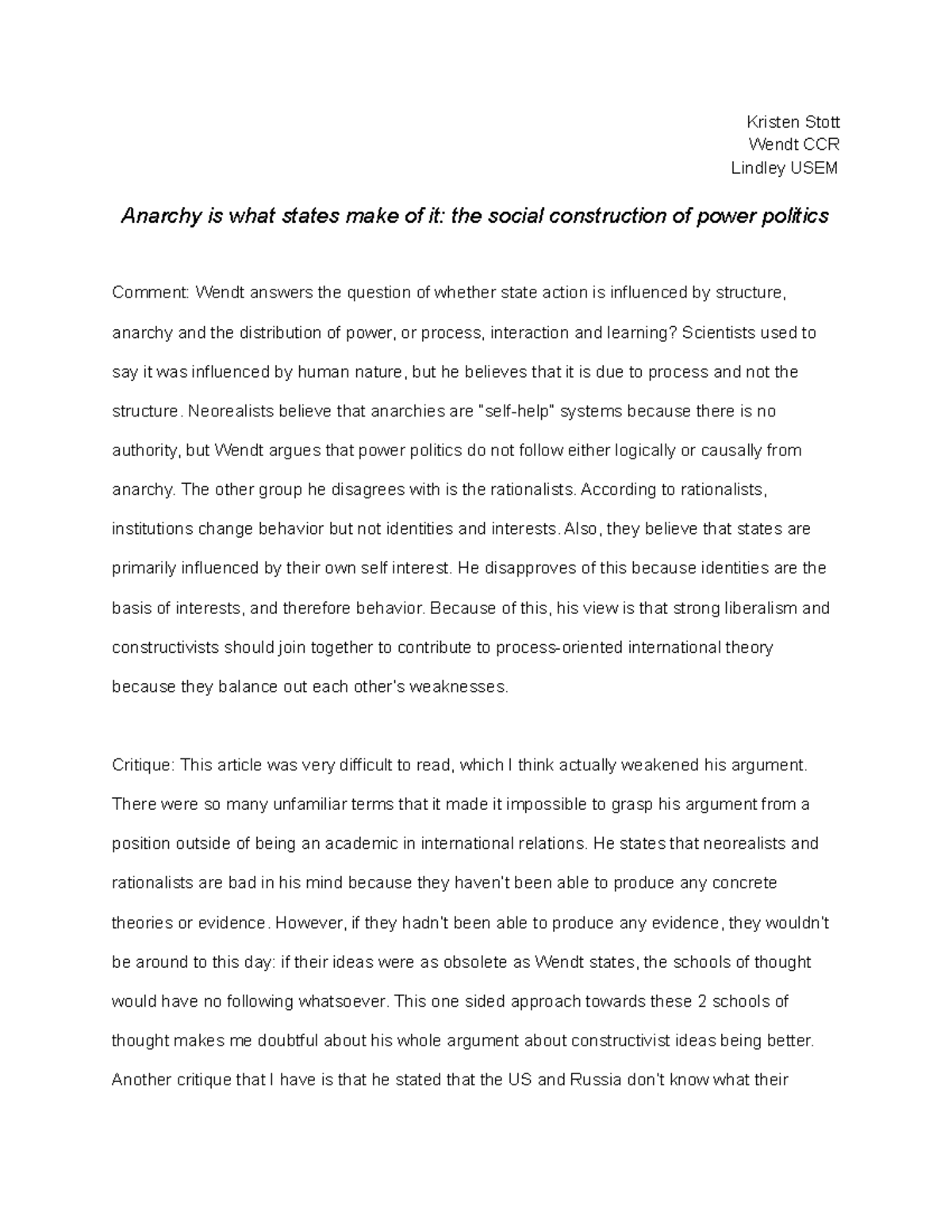 Wendt CCR - Professor Daniel Lindley - Kristen Stott Wendt CCR Lindley ...