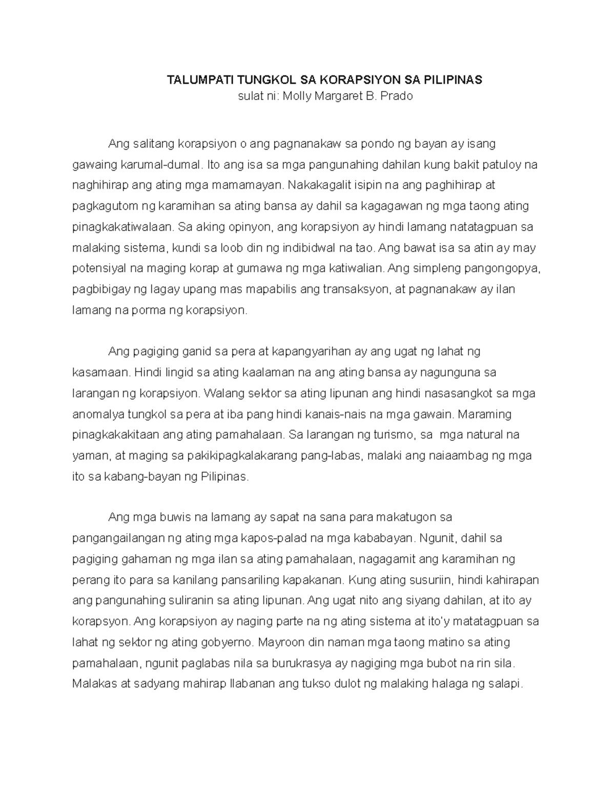 Filipino TERM 3 PT - Talumpati - TALUMPATI TUNGKOL SA KORAPSIYON SA ...