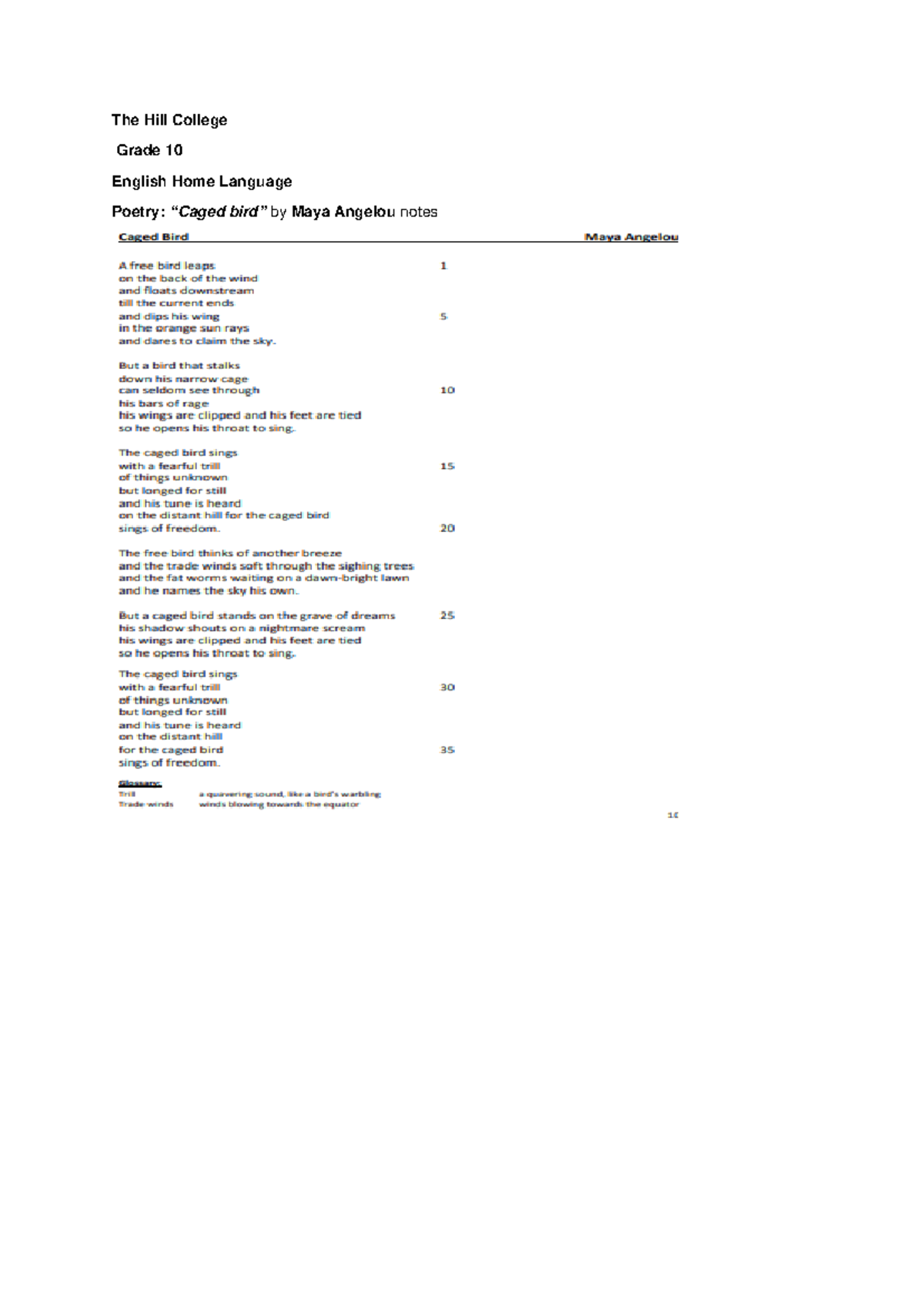Caged bird by maya angelou notes - The Hill College Grade 10 English ...