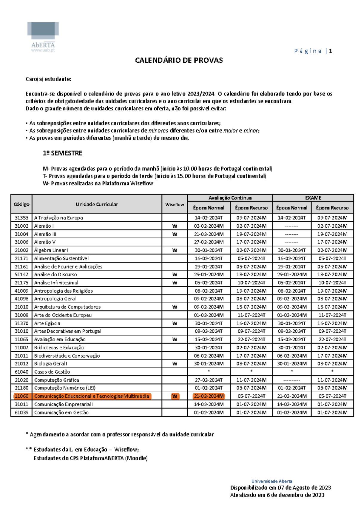 Calendario Geral 2324 Act3 - * Agendamento a acordar com o professor ...