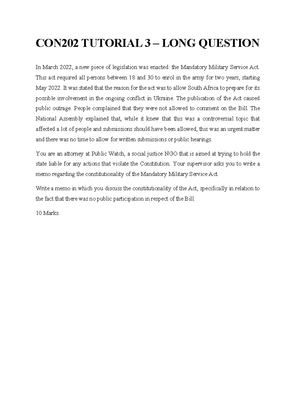 CON202 Tutorial 3 - CON202 TUTORIAL 3 – LONG QUESTION In March 2022, a ...
