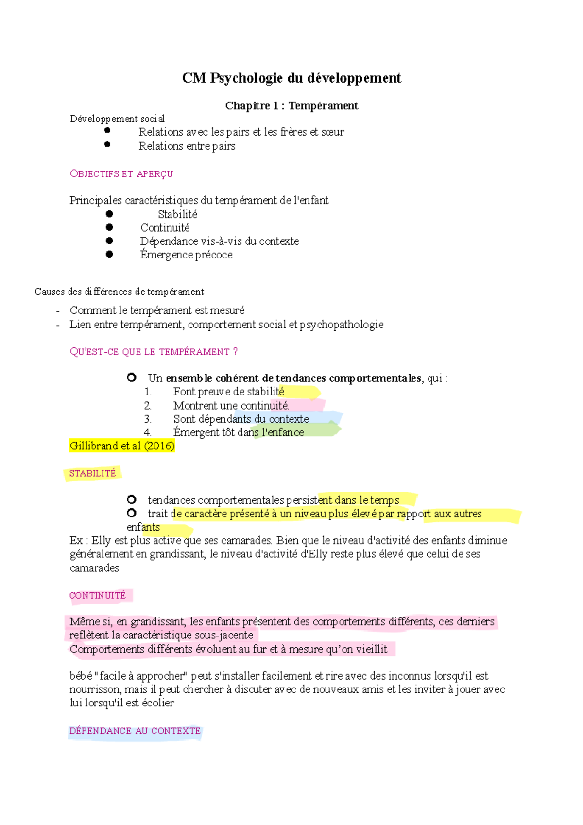 CM Psycho du dev - CM Psychologie du développement Chapitre 1 : Tempérament Développement social ...