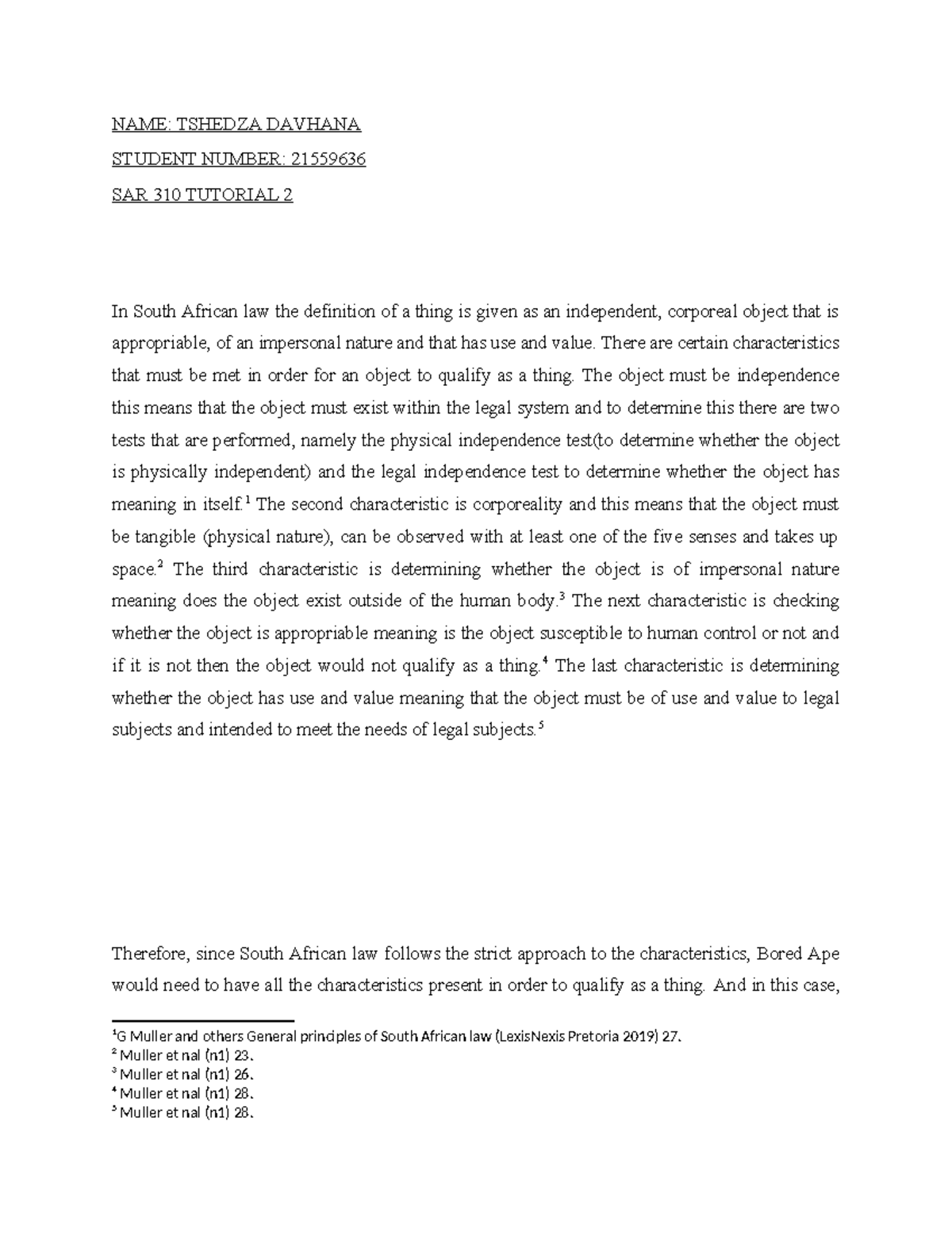 SAR Tutorial 2 - Property Law - NAME: TSHEDZA DAVHANA STUDENT NUMBER ...