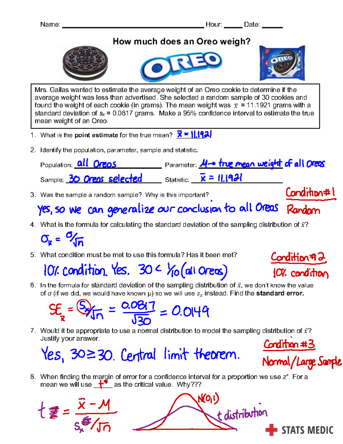 Stats Medic - Estimating a Population Mean Day 1 Answer Key - Name ...