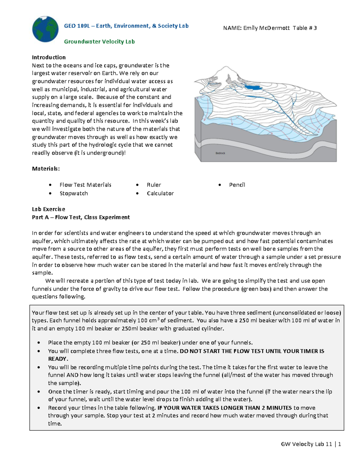 LAB Groundwater velocity FA24 - GW Velocity Lab 11 | 1 GEO 109L – Earth ...