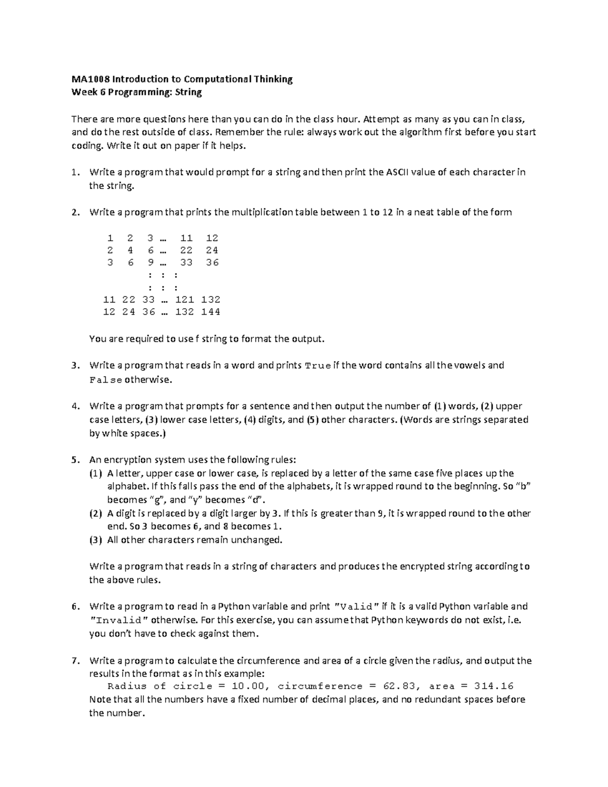 Week 6 Programming Strings Ma1008 Introduction To Computational