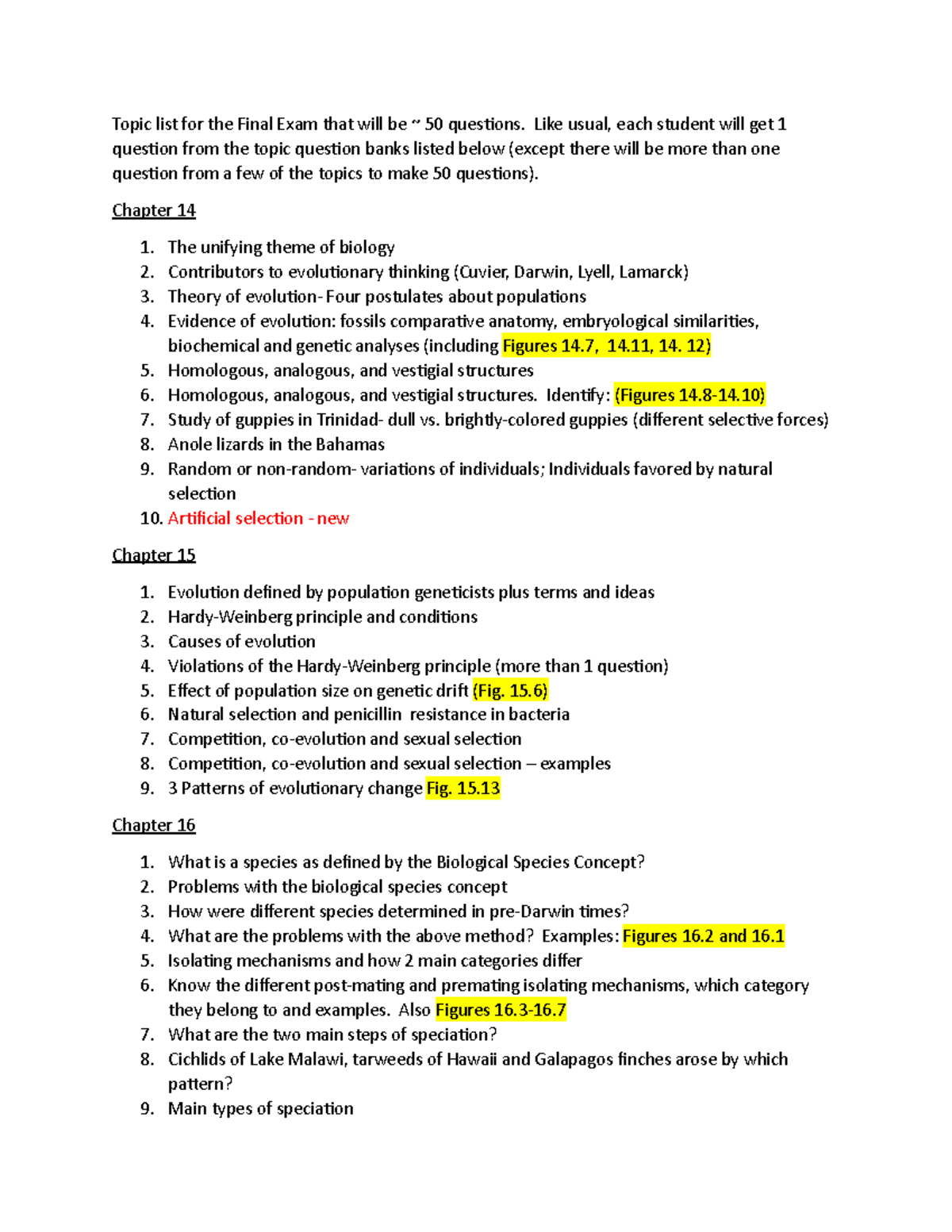 Topic list for final exam - Topic list for the Final Exam that will be ...