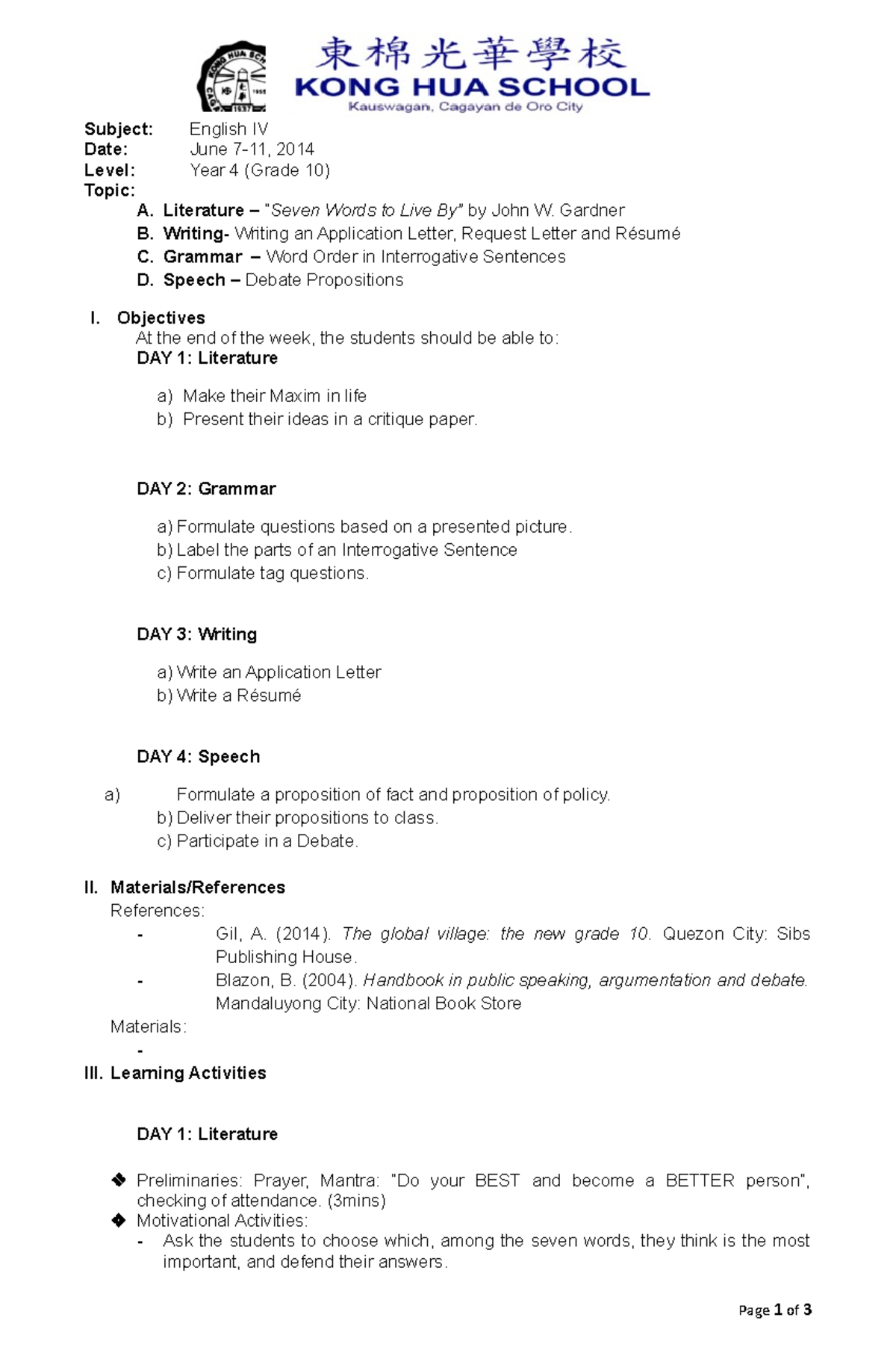 Year 4 Lesson Plan (3rd Week) - Subject: English IV Date: June 7-11 ...