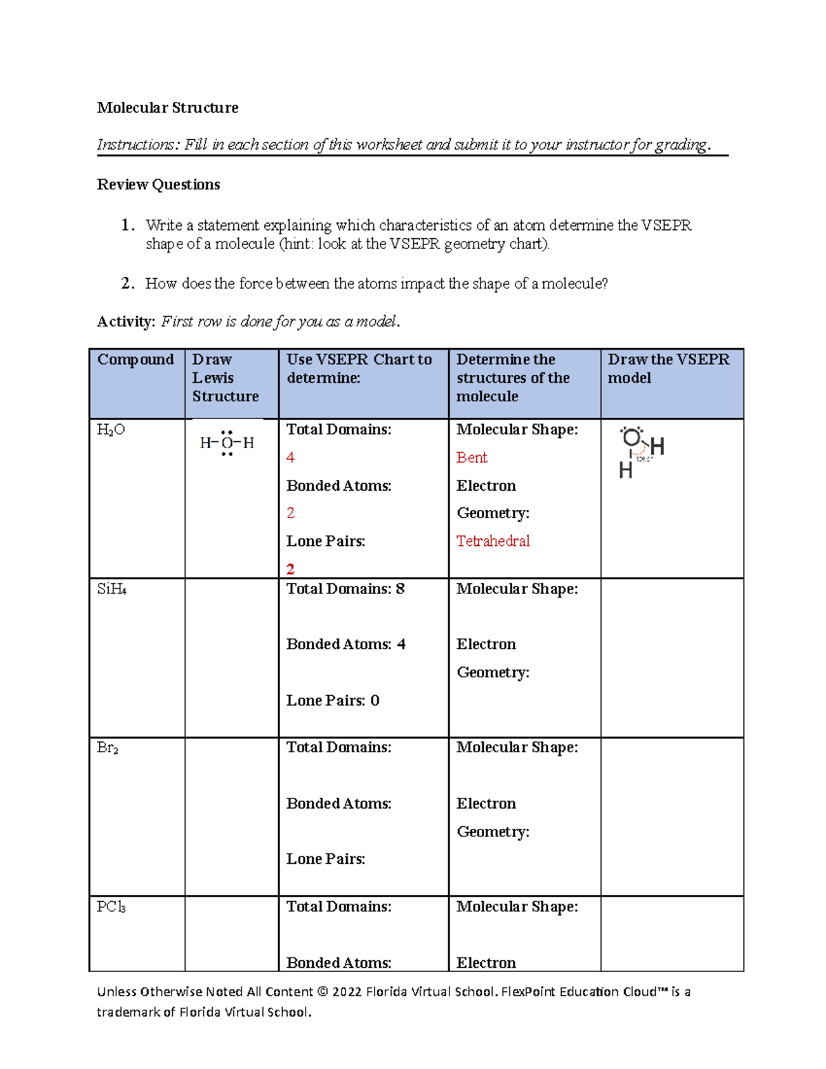 Molecular structure worksheet - Molecular Structure Instructions: Fill ...