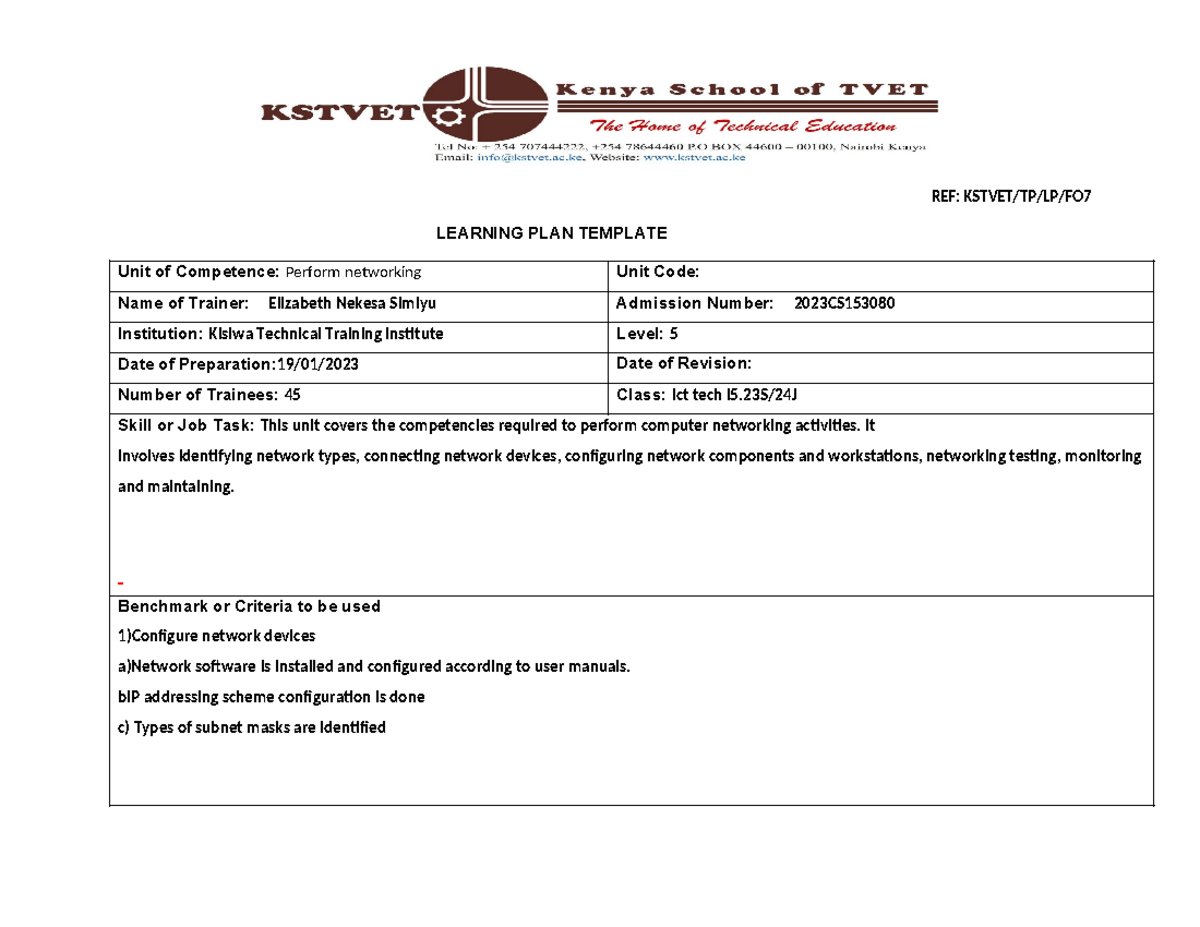 Perfom network Learning plan - REF: KSTVET/TP/LP/FO LEARNING PLAN ...