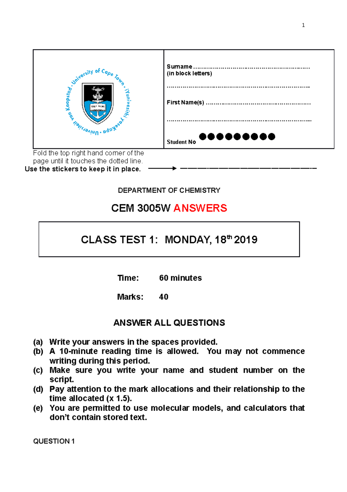 Class Test 1 2019 Answers - Surname